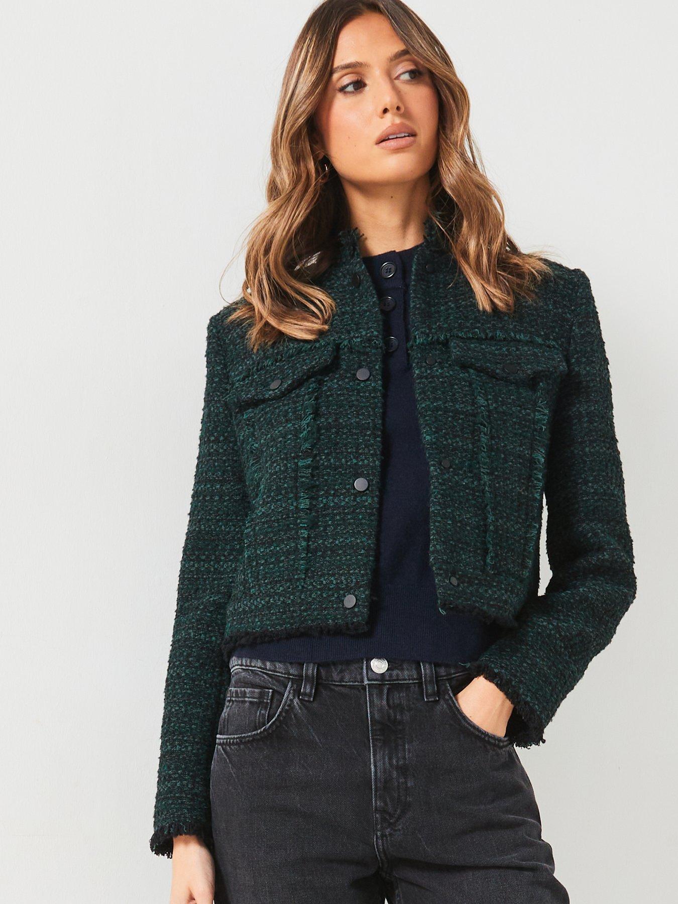 Mango High-Collar Tweed Jacket - Green | Very