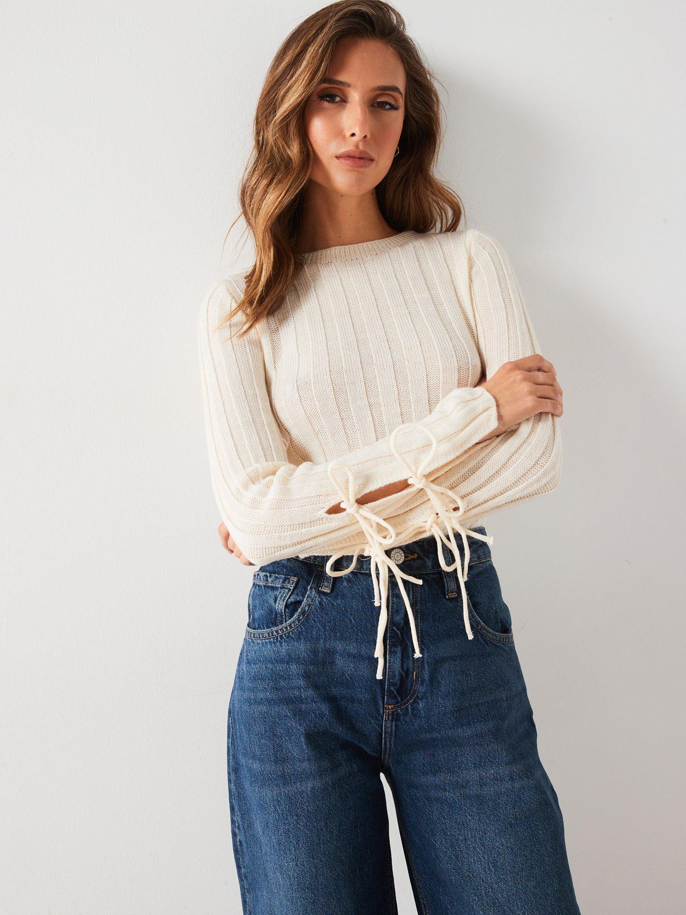 Mango Tie Sleeve Knitted Top - Cream | Very