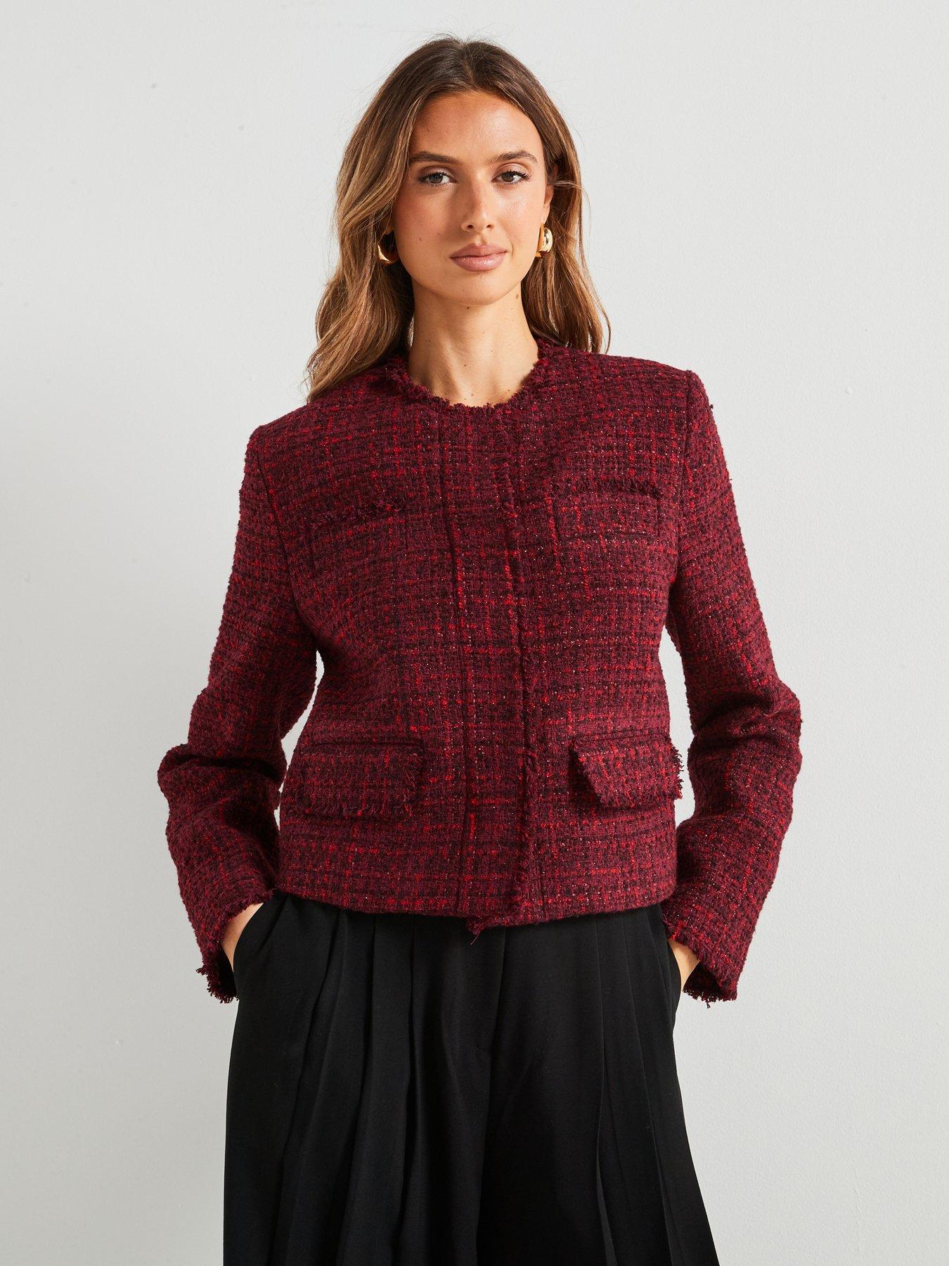 Mango Tweed Jacket With Frayed Ends - Red | Very