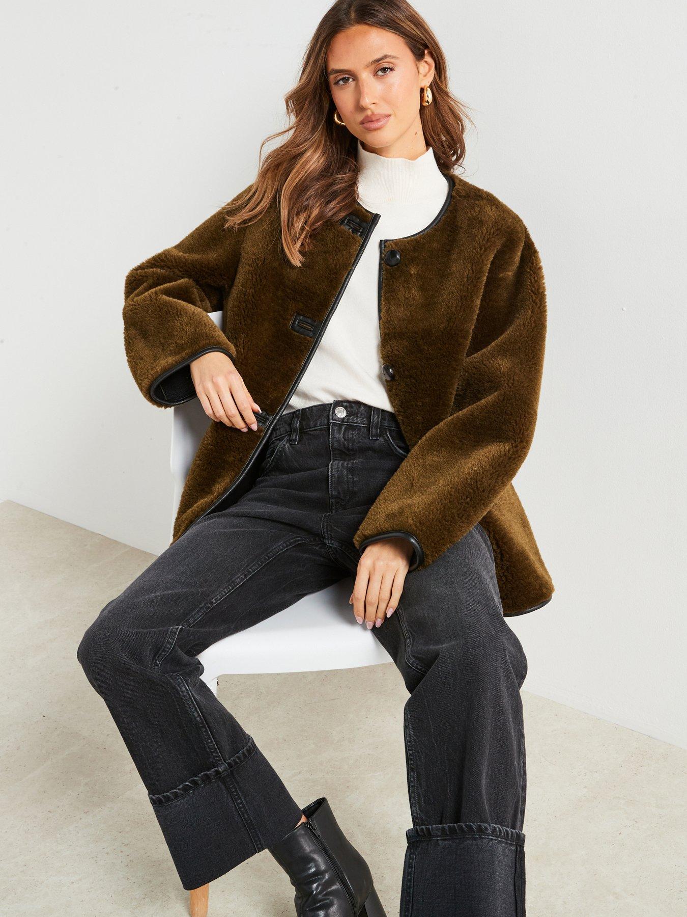 Mango Faux Fur-Effect Coat With Pu Lining - Green | Very