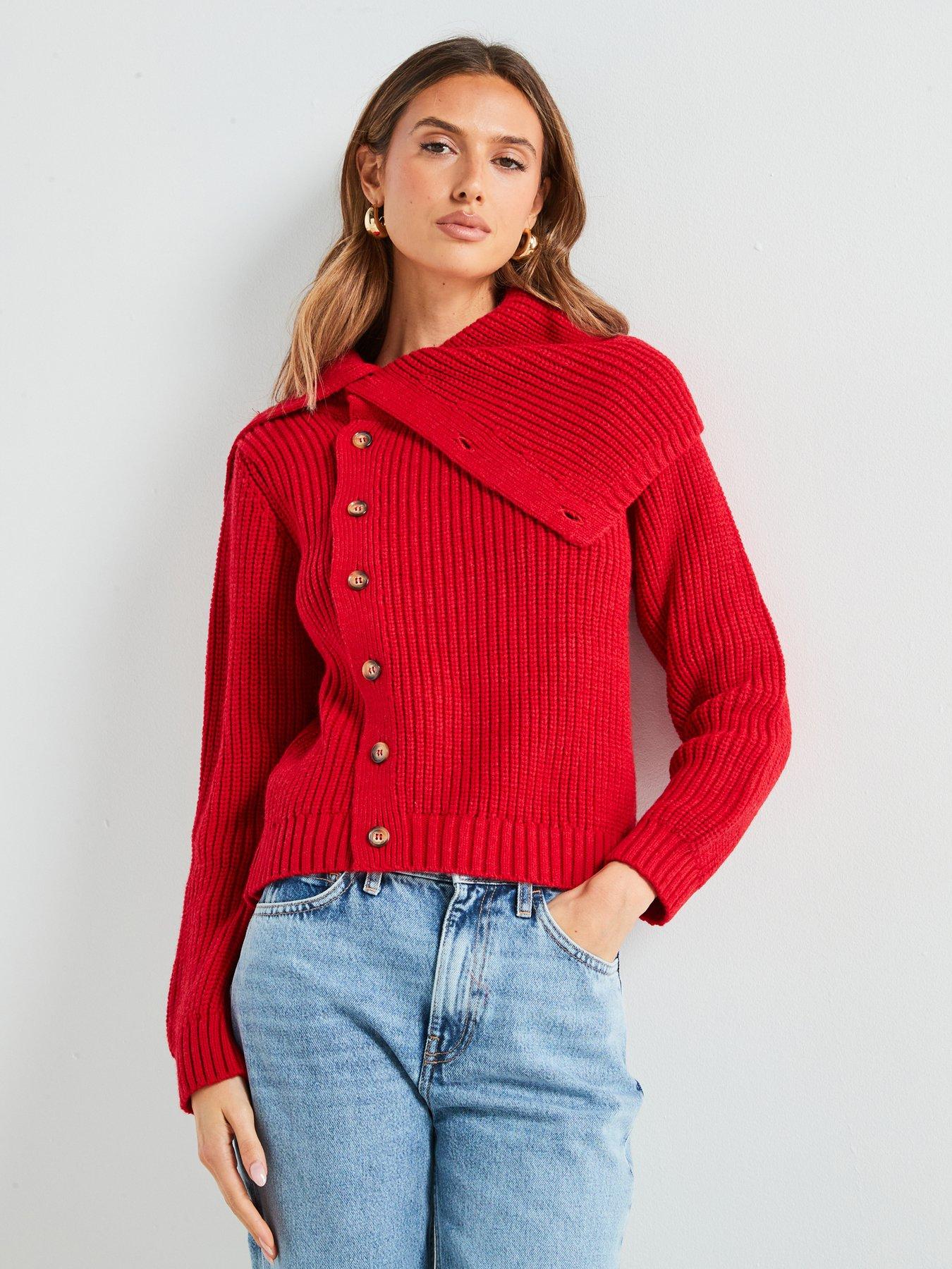 Mango Funnel-Neck Buttoned Sweater - Red | Very