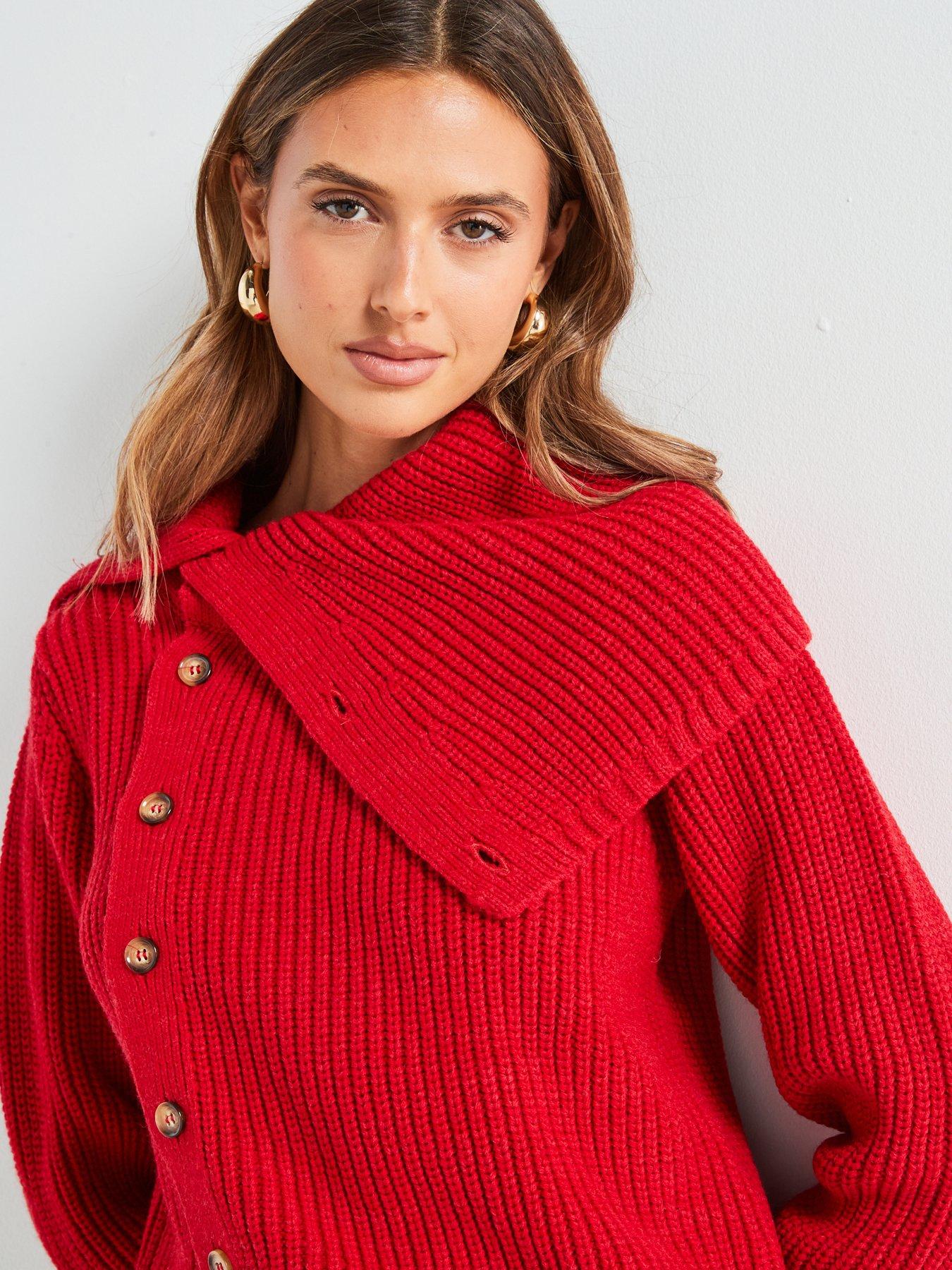 Mango Funnel-Neck Buttoned Sweater - Red | Very