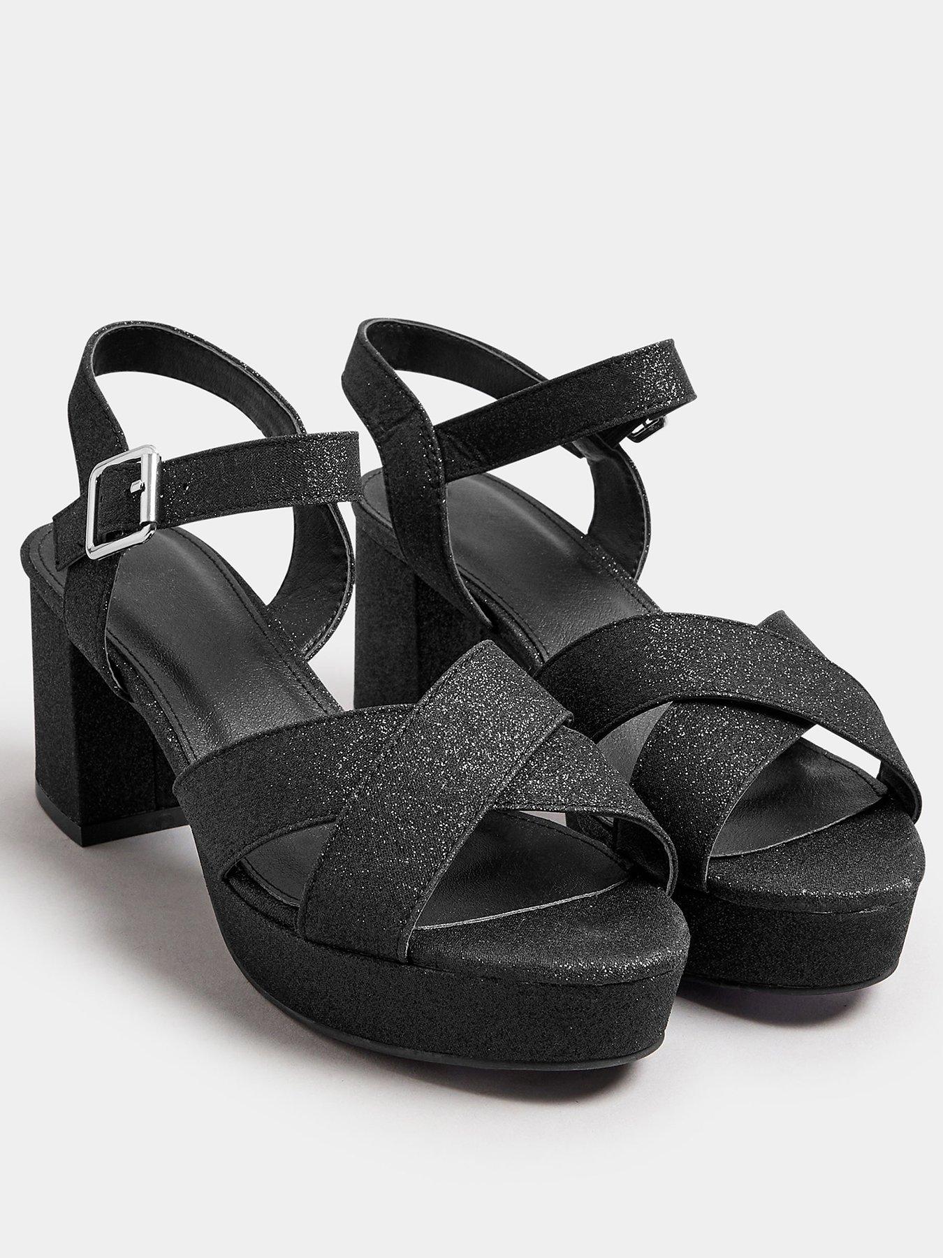 Yours Extra Wide Fit Glitter Cross Over Strap Heels - Black | Very