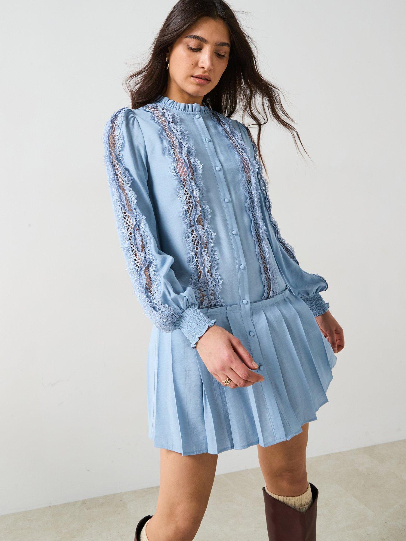 V by Very Lace Trim Button Down Mini Dress - Blue | Very