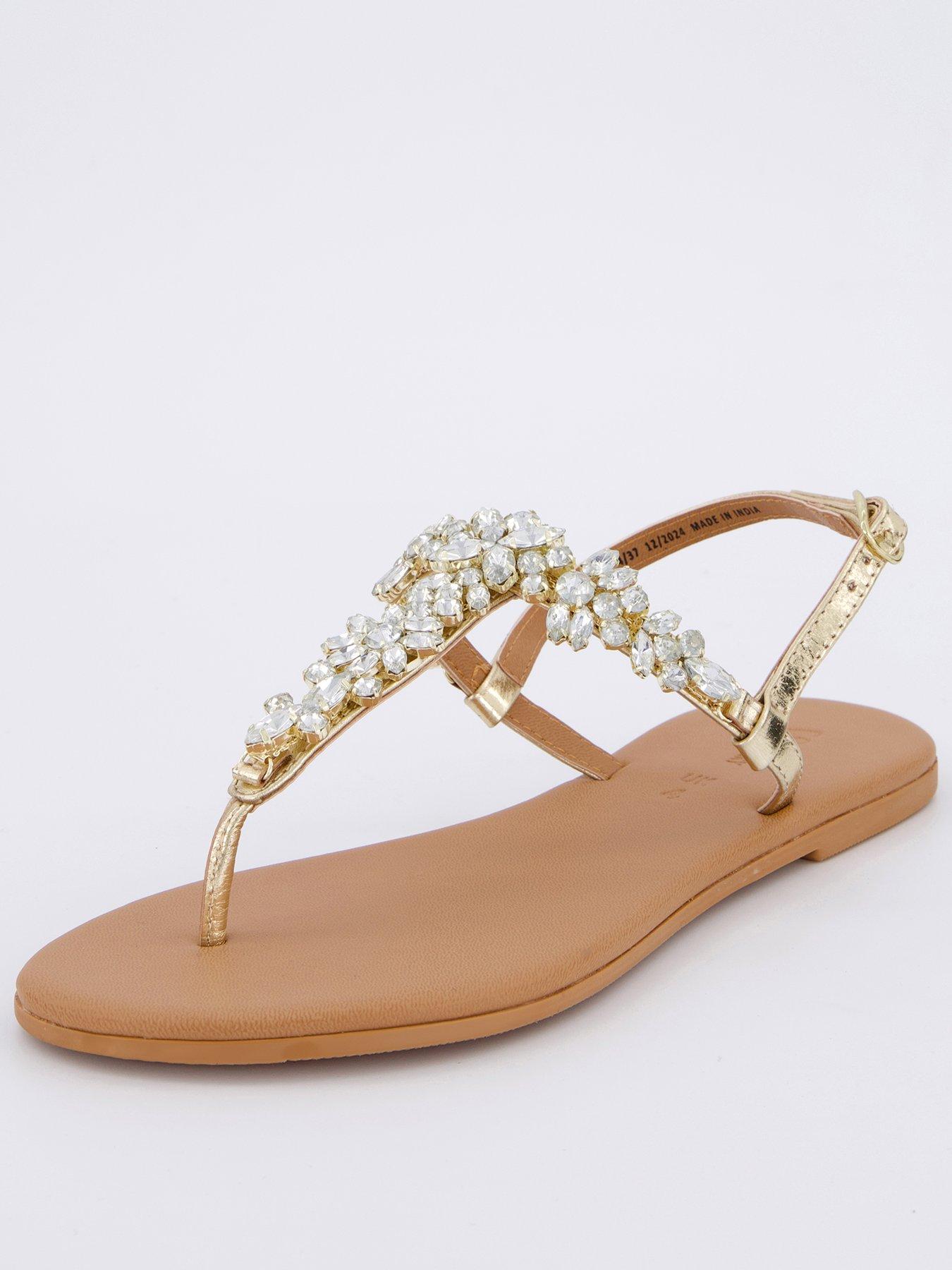 V by Very Embellished Toe Post Leather Sandals - Gold | Very
