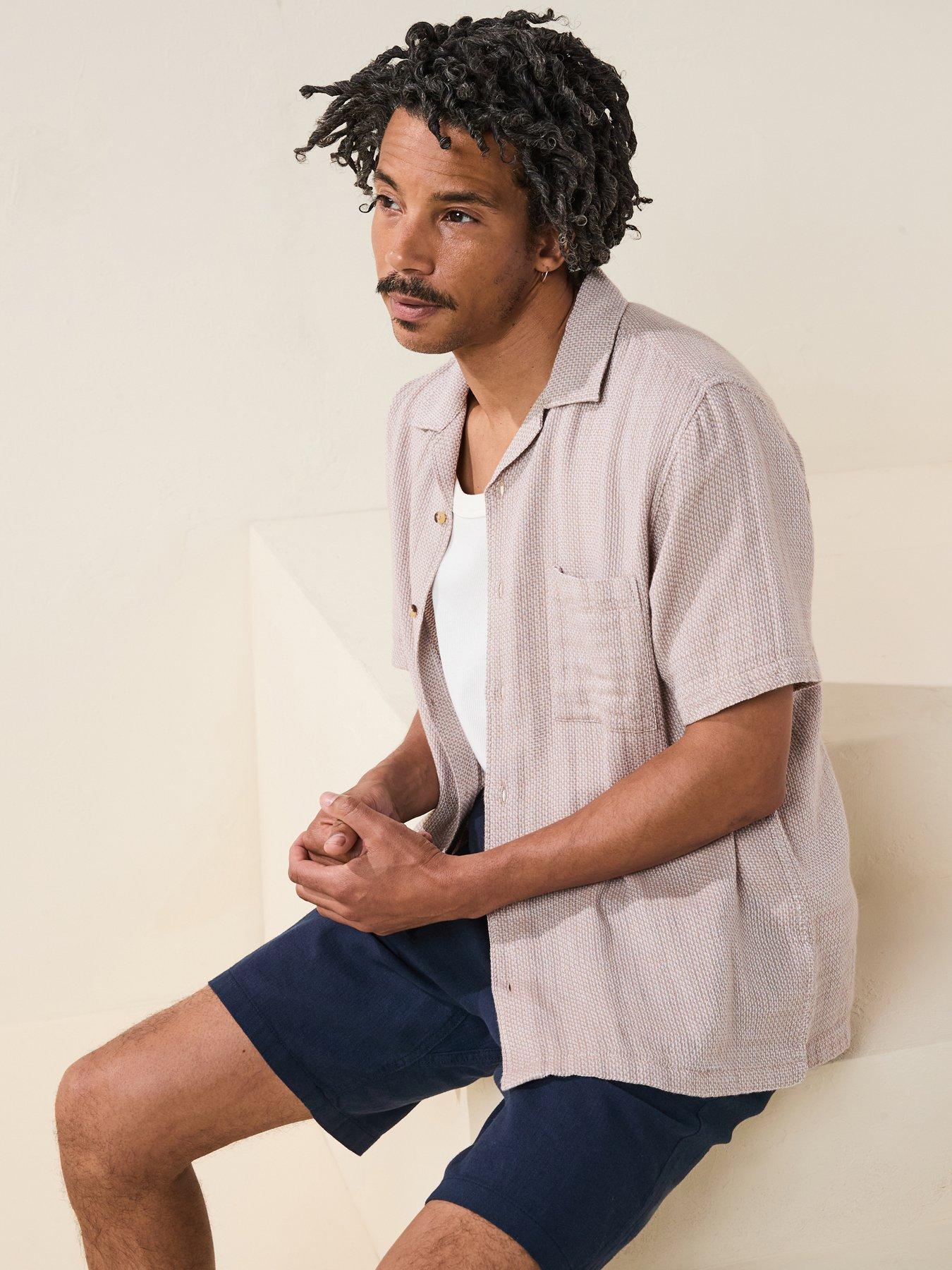 Very Man Short Sleeve Revere Textured Cotton Shirt - Beige - Natural | Very