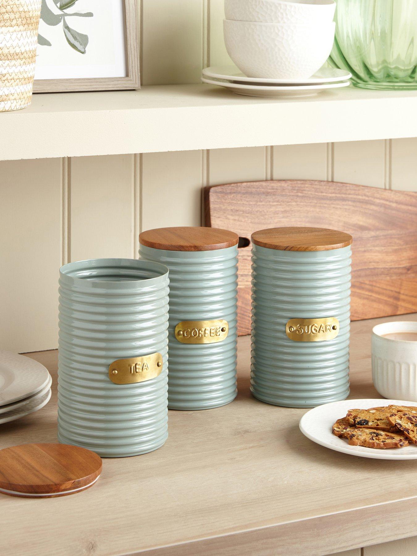 The Very Collection Set Of 3 Ribbed Tea/Coffee/Sugar Green Canister ...