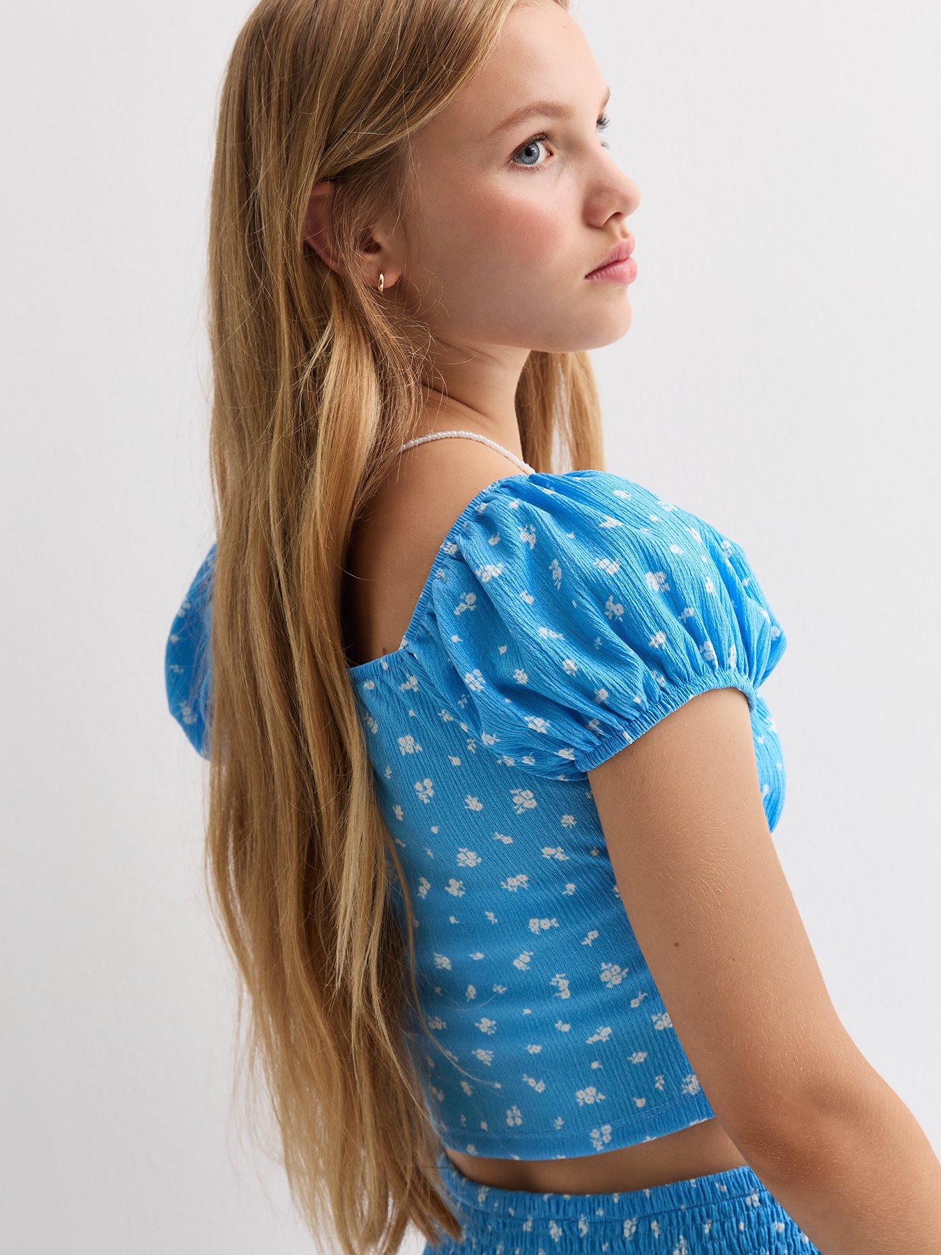 New Look 915 Girls Floral Puff Sleeve Crop Top - Blue | Very