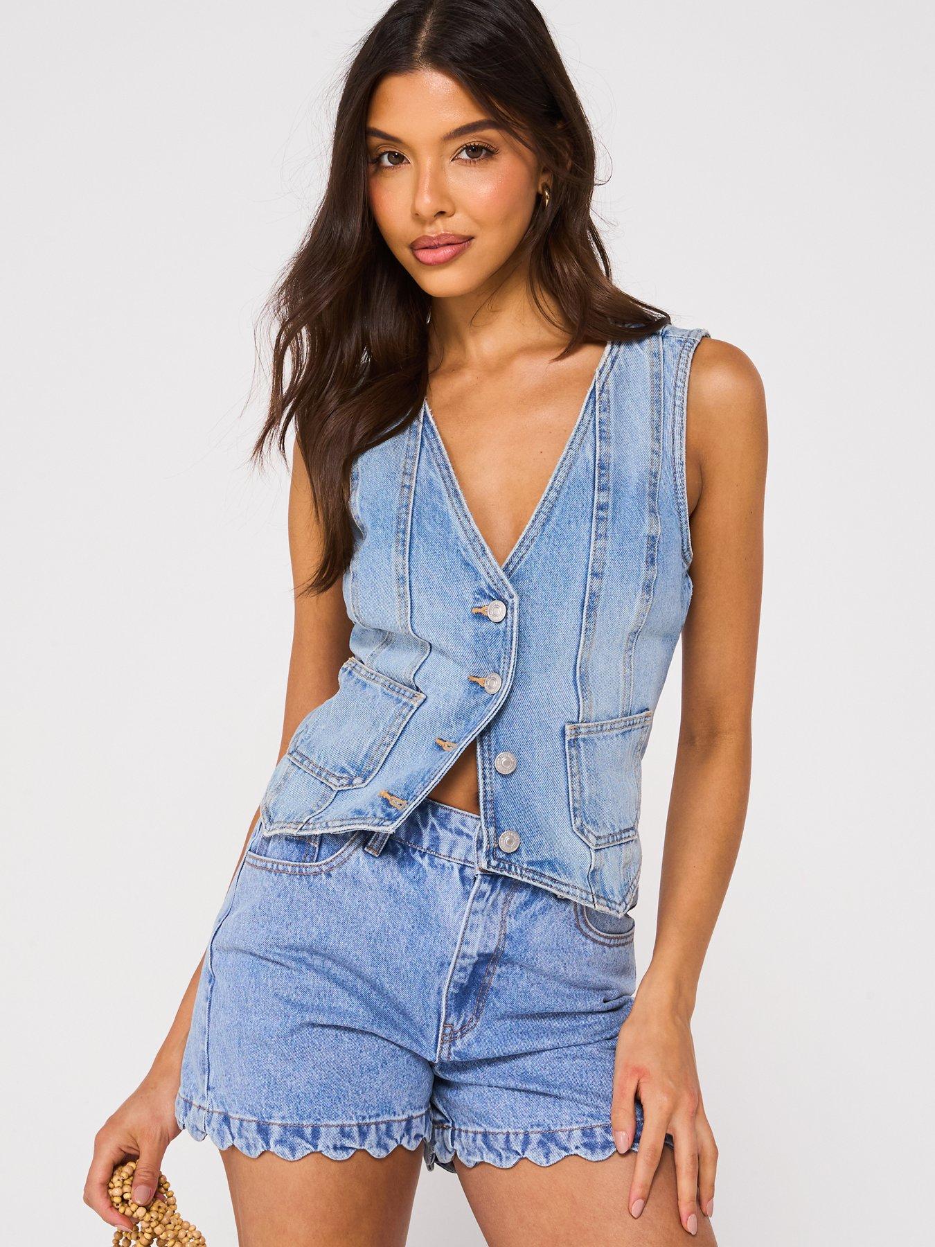 V by Very Scalloped Hem Denim Shorts - Mid Wash | Very