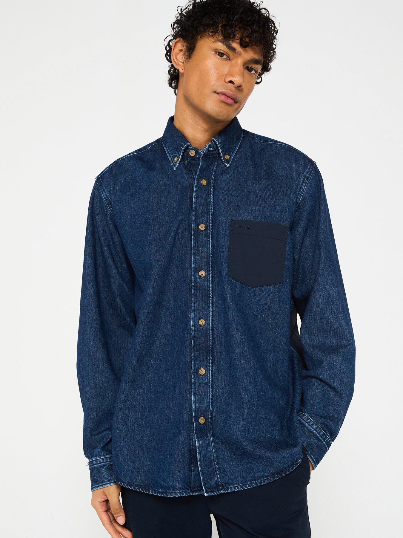 BOSS Lambey Relaxed Fit Nylon Back Denim Overshirt - Dark Blue | Very