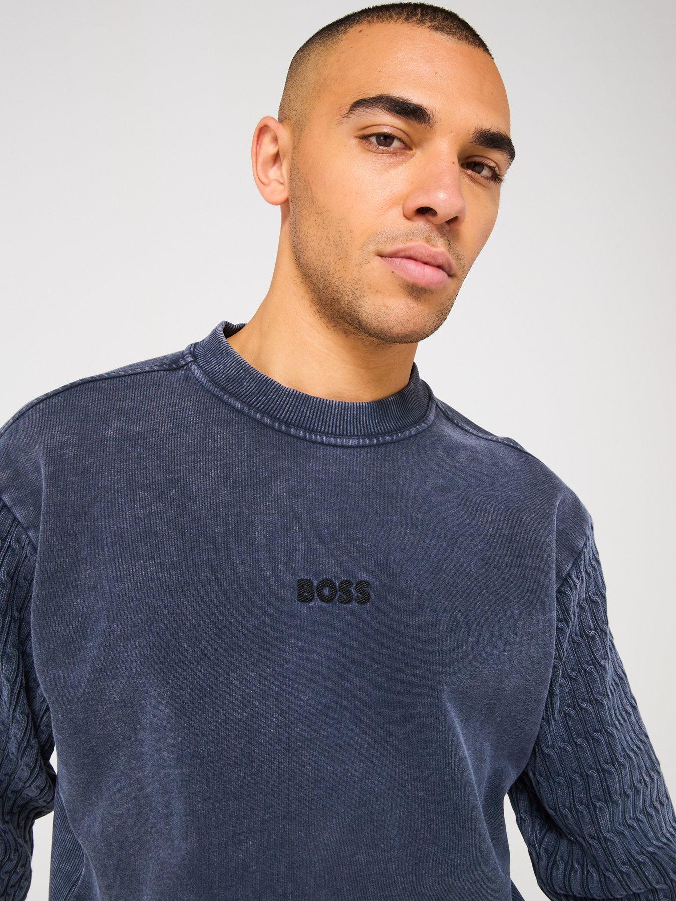 BOSS We Cable Sleeve Relaxed Fit Crew Neck Sweatshirt - Dark Blue | Very