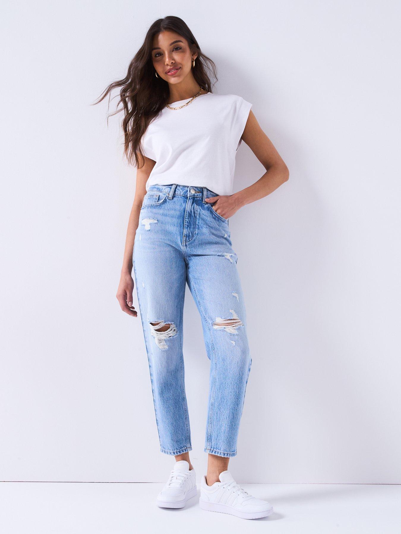 V by Very High Waist Mom Jeans With Rips - Mid Wash | Very