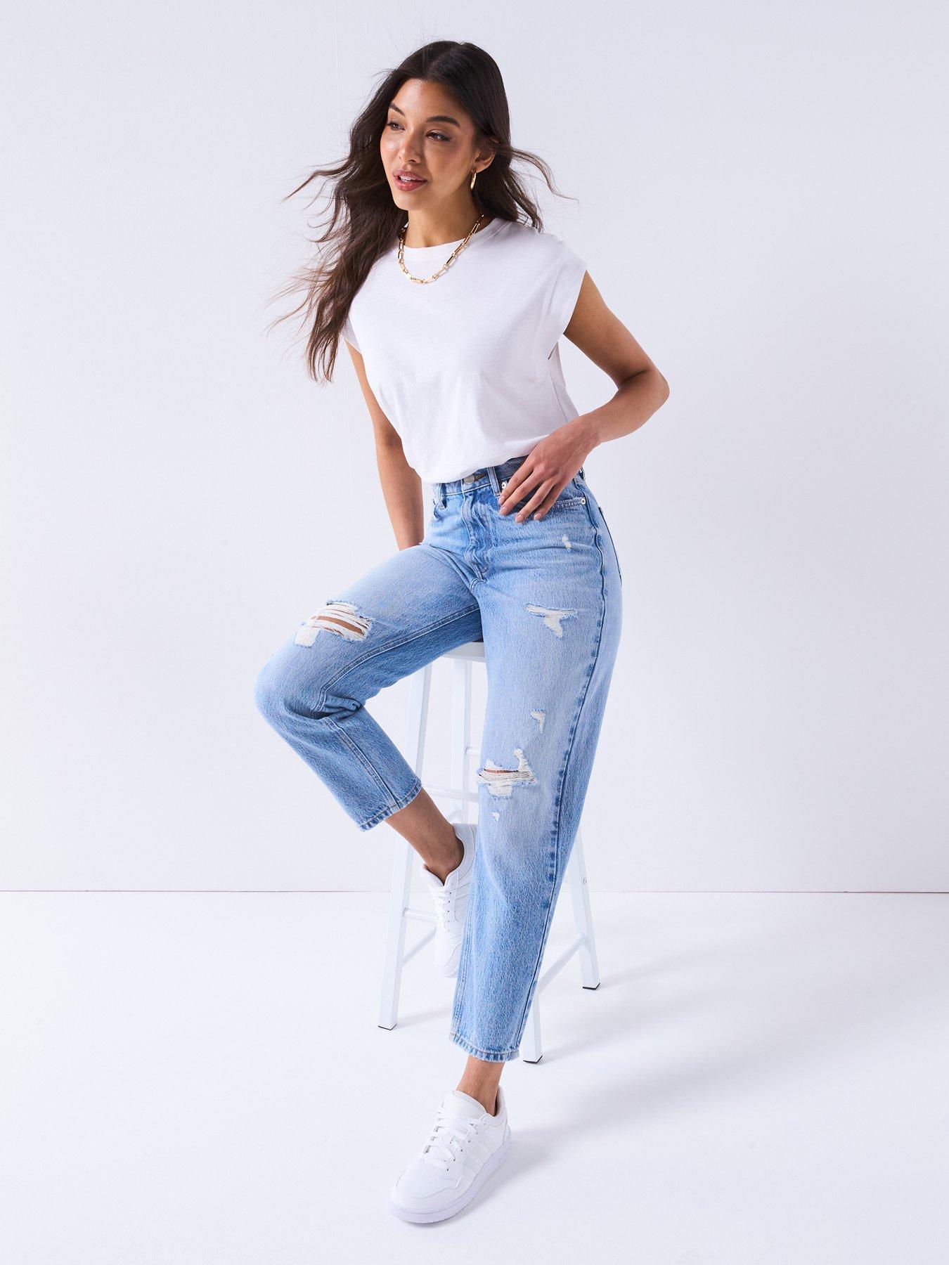 V by Very High Waist Mom Jeans With Rips - Mid Wash | Very