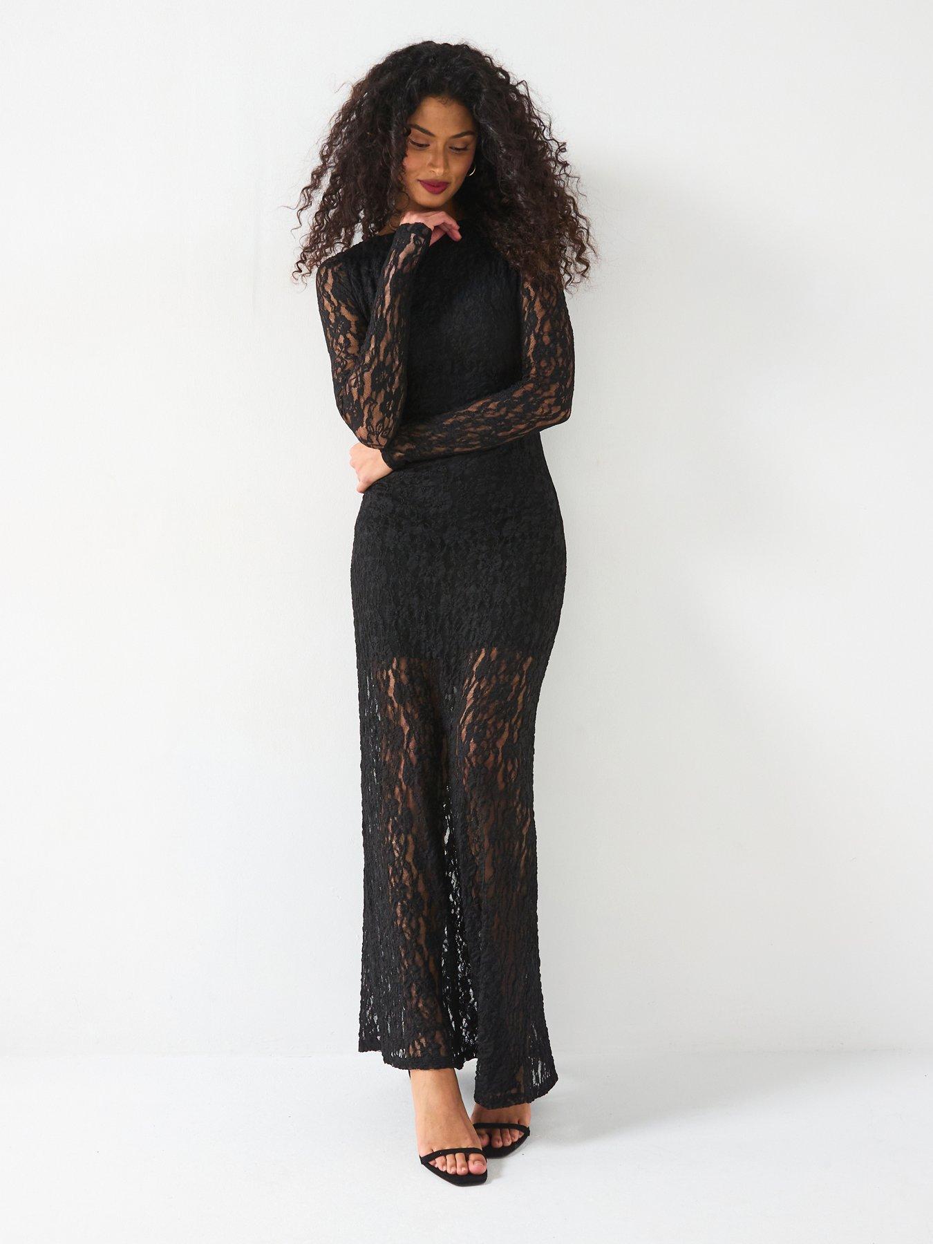V by Very Lace Slash Neck Midaxi Dress - Black | Very