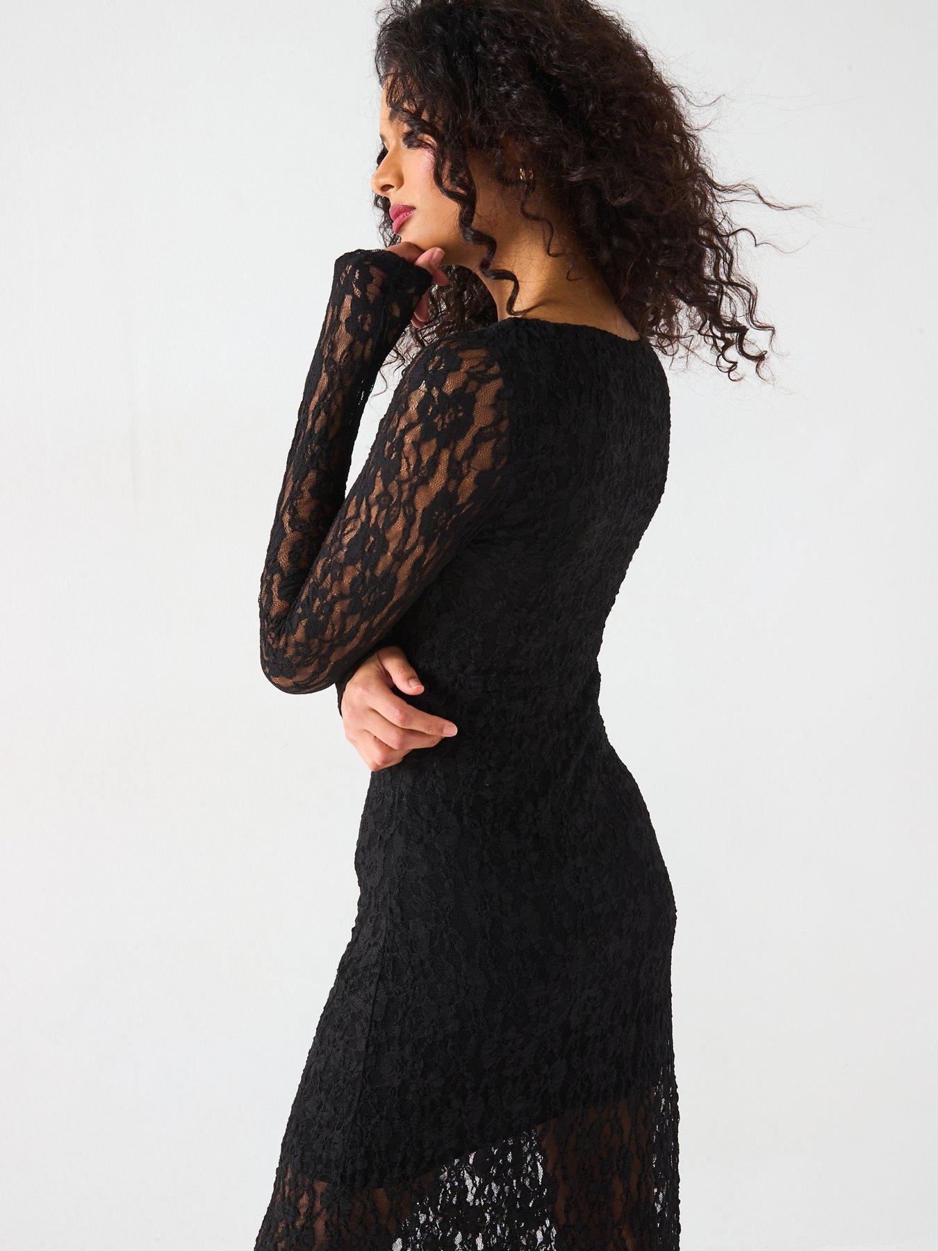 V by Very Lace Slash Neck Midaxi Dress - Black | Very