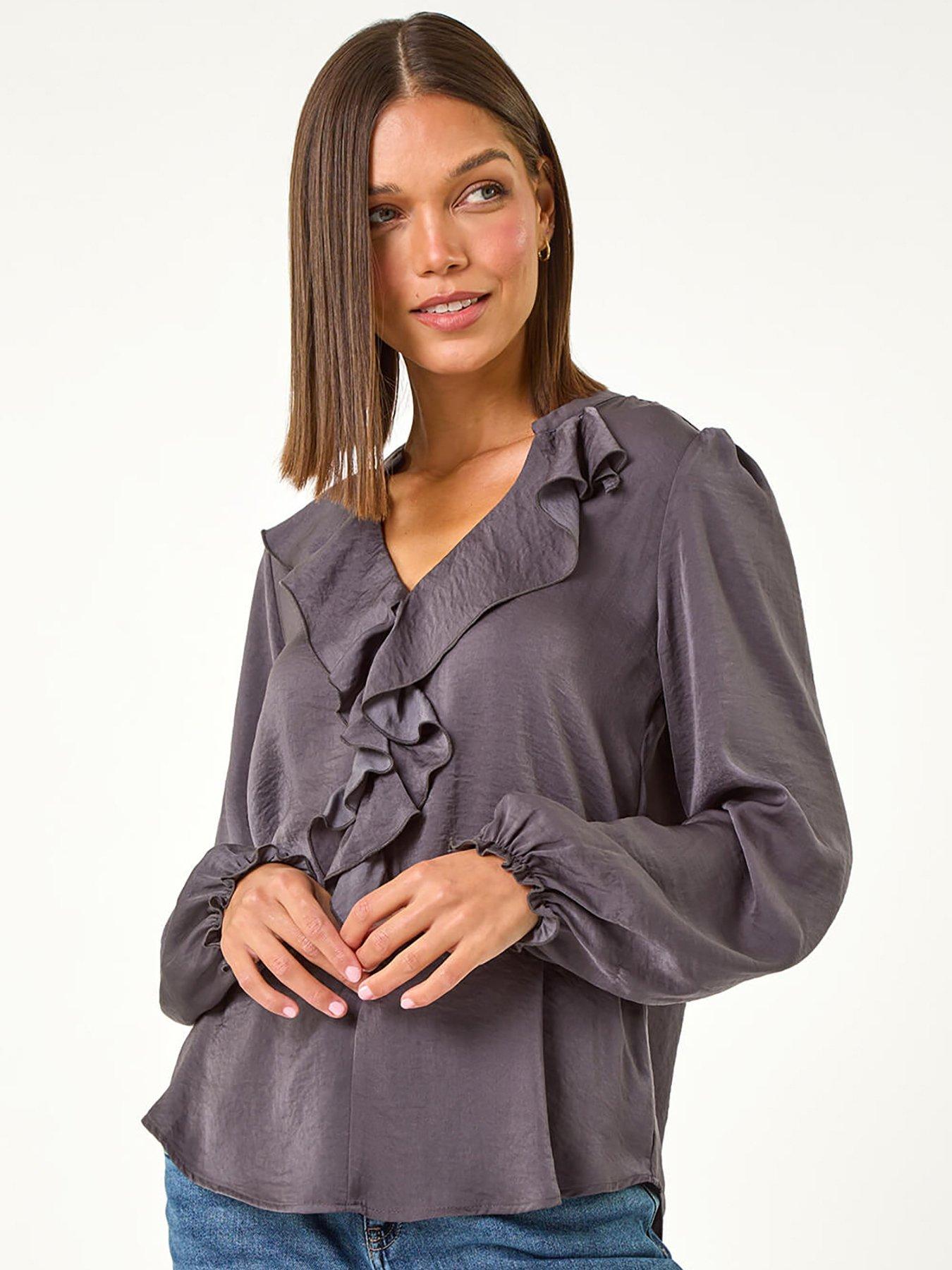 Roman Satin Ruffle Neck Blouse - Grey | Very