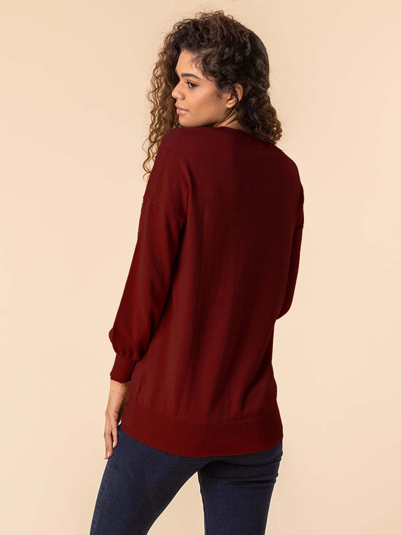 Roman Plain V-neck Stretch Longline Jumper - Red | Very