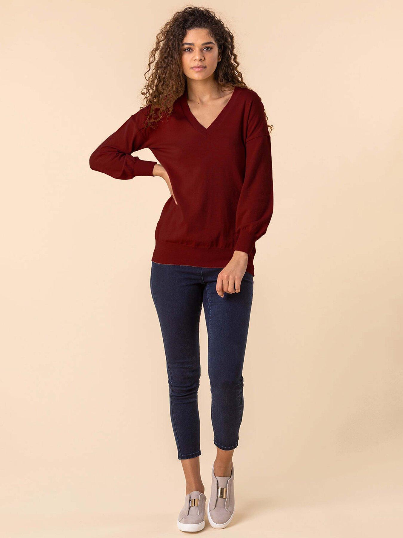 Roman Plain V-neck Stretch Longline Jumper - Red | Very