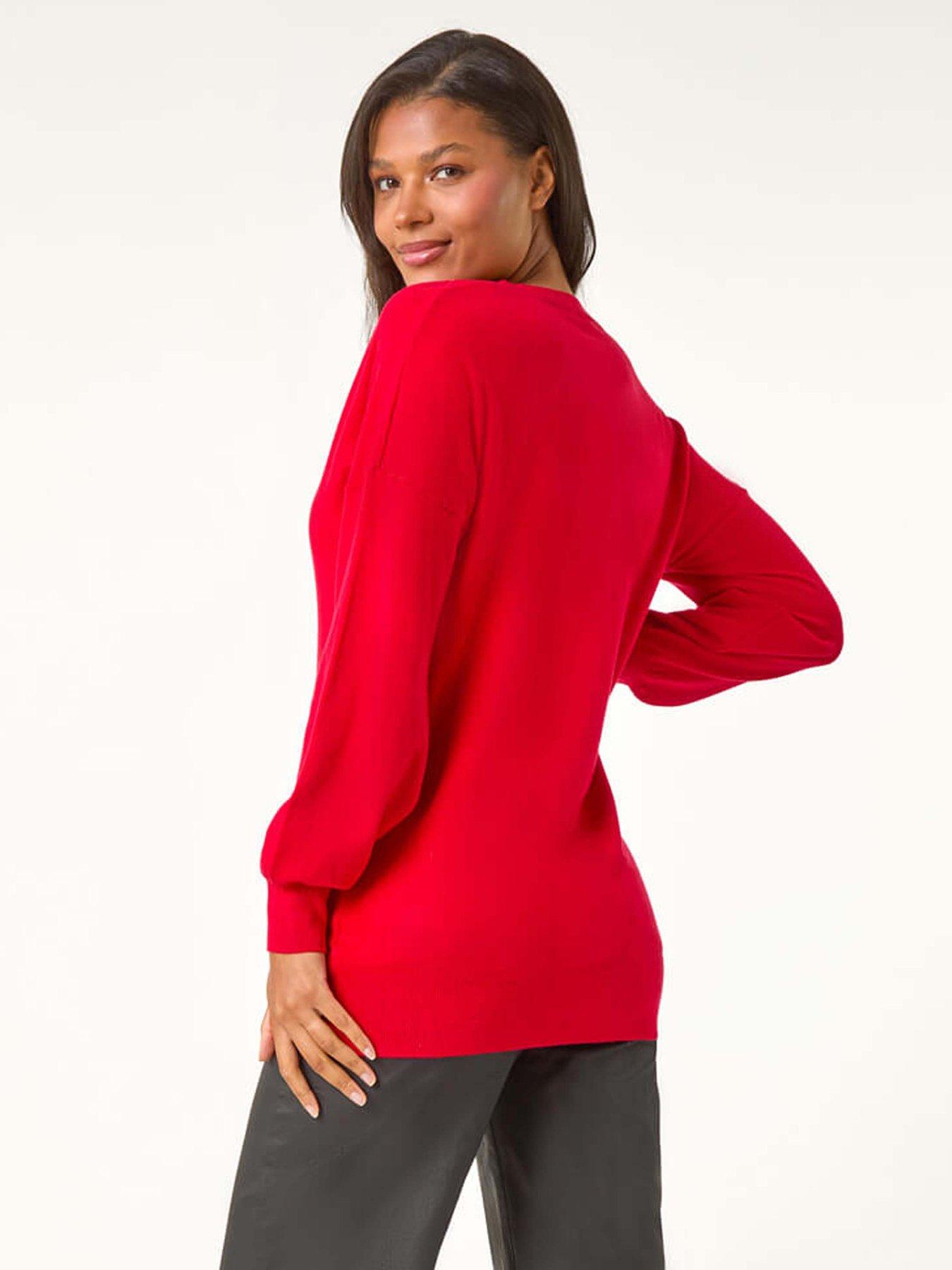 Roman Plain V-neck Stretch Longline Jumper - Scarlet | Very