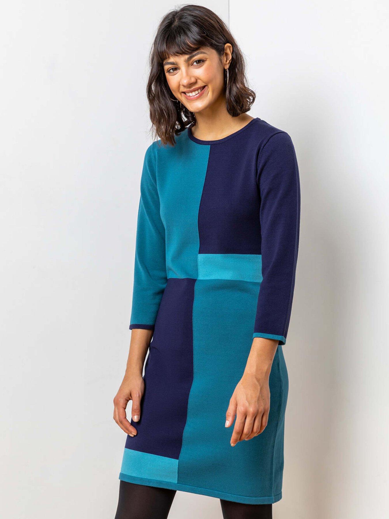 Roman Colour Block Knitted Dress - Blue | Very
