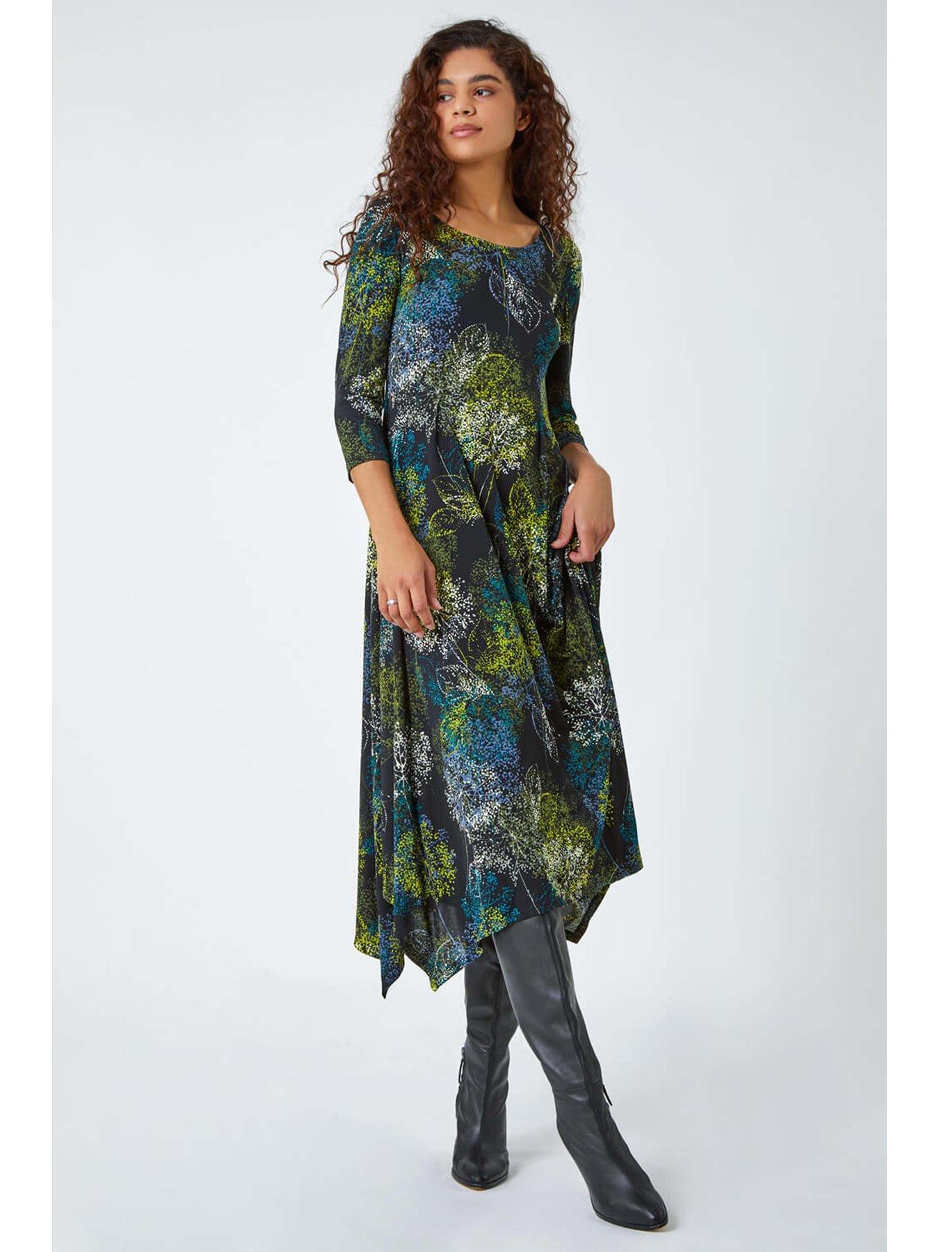 Roman Floral Hanky Hem Stretch Midi Dress - Green | Very