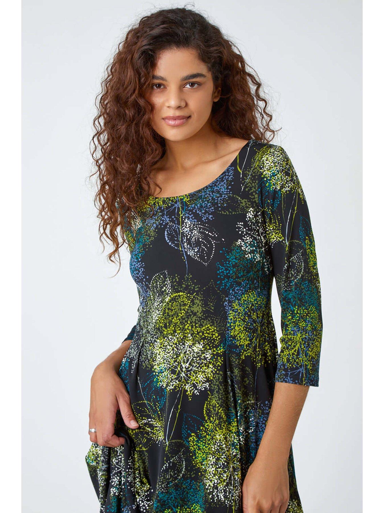 Roman Floral Hanky Hem Stretch Midi Dress - Green | Very