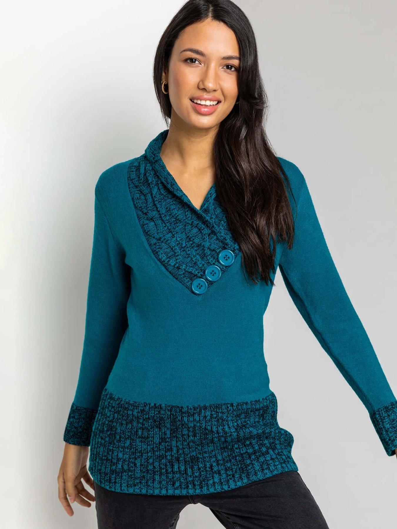 Roman V-neck Overlap Button Detail Longline Jumper - Teal | Very