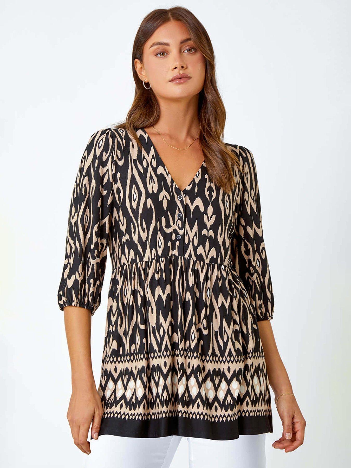 Roman Aztec Print V-neck Stretch Tunic Smock Top - Black | Very