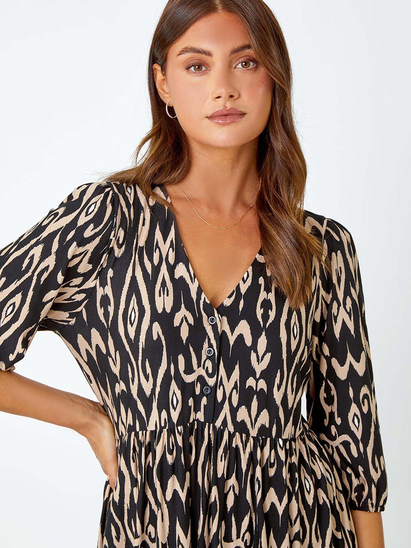 Roman Aztec Print V-neck Stretch Tunic Smock Top - Black | Very