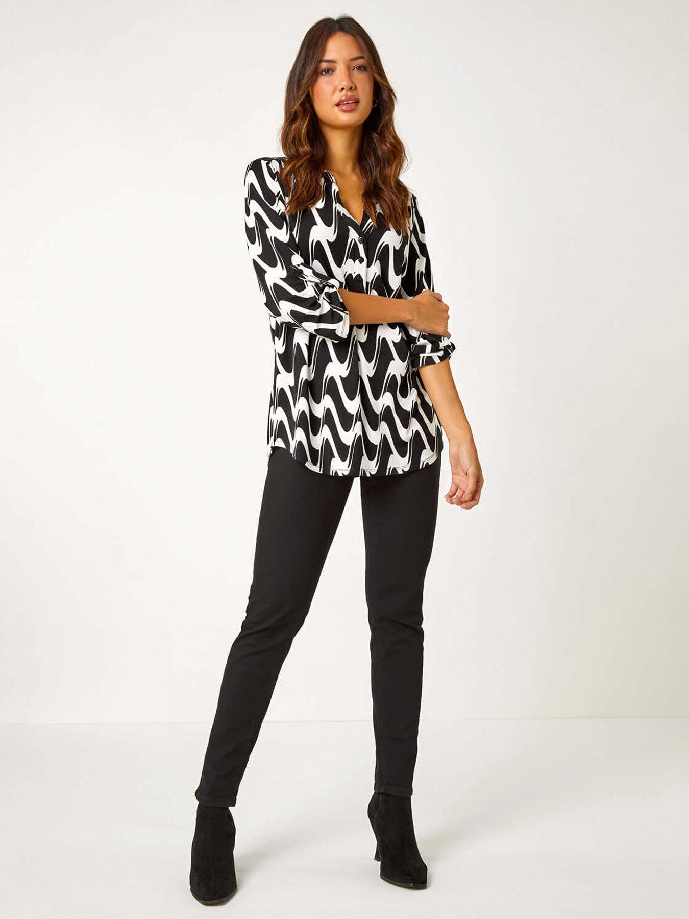 Roman Geometric Print V-neck Stretch Blouse - Black | Very