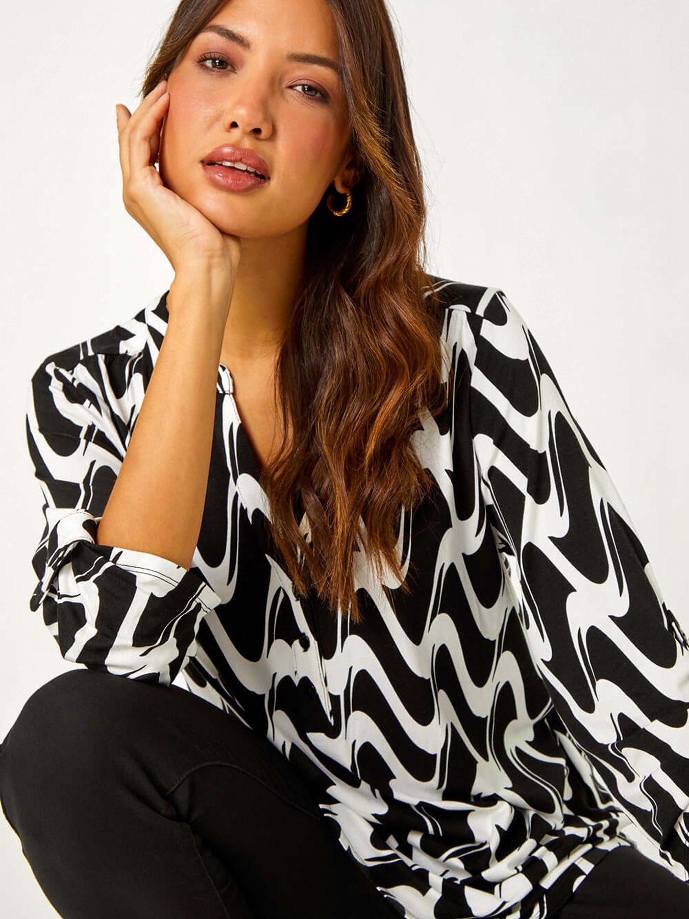 Roman Geometric Print V-neck Stretch Blouse - Black | Very