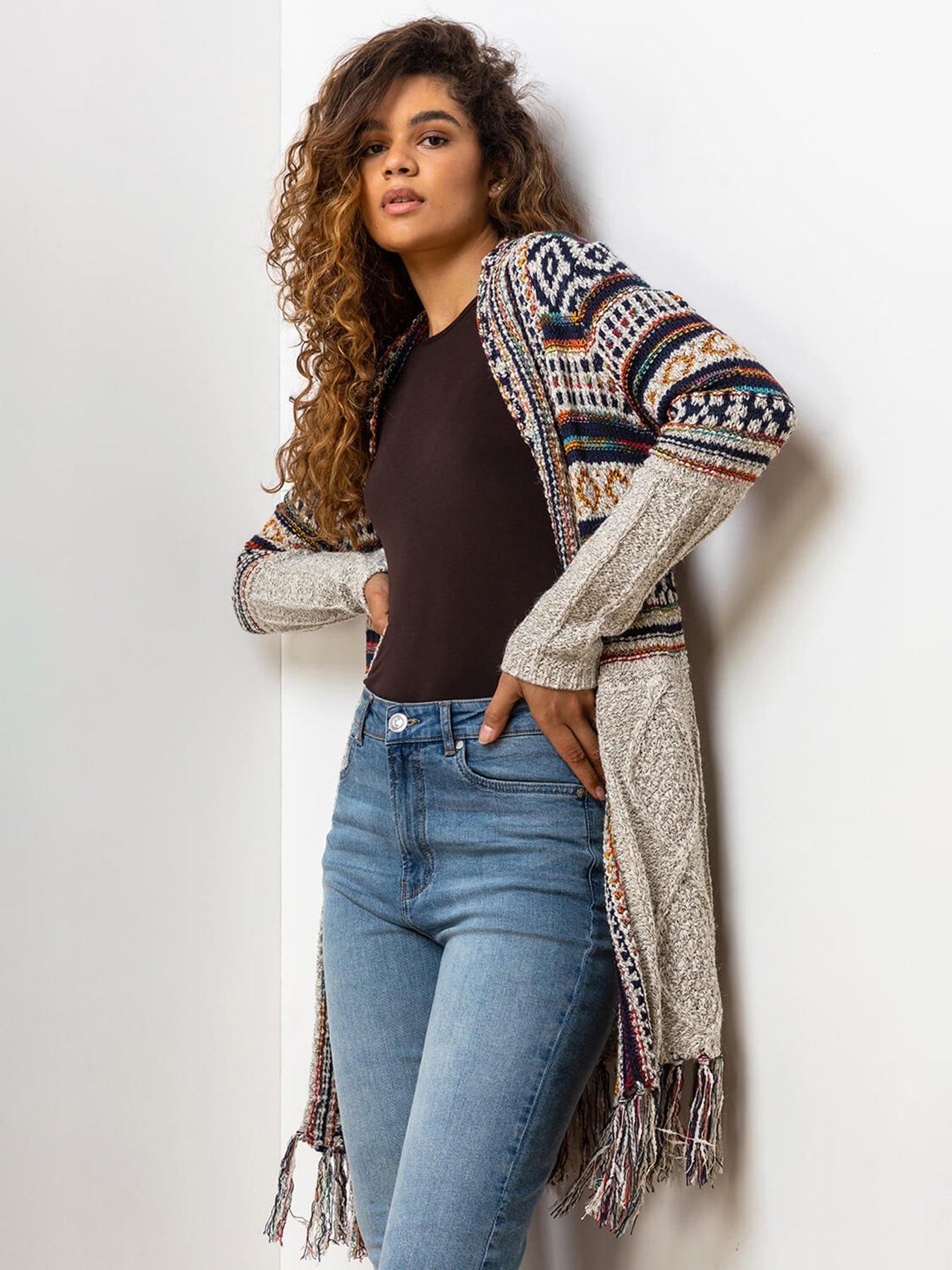 Roman Aztec Print Tassel Hem Longline Cardigan - Natural | Very