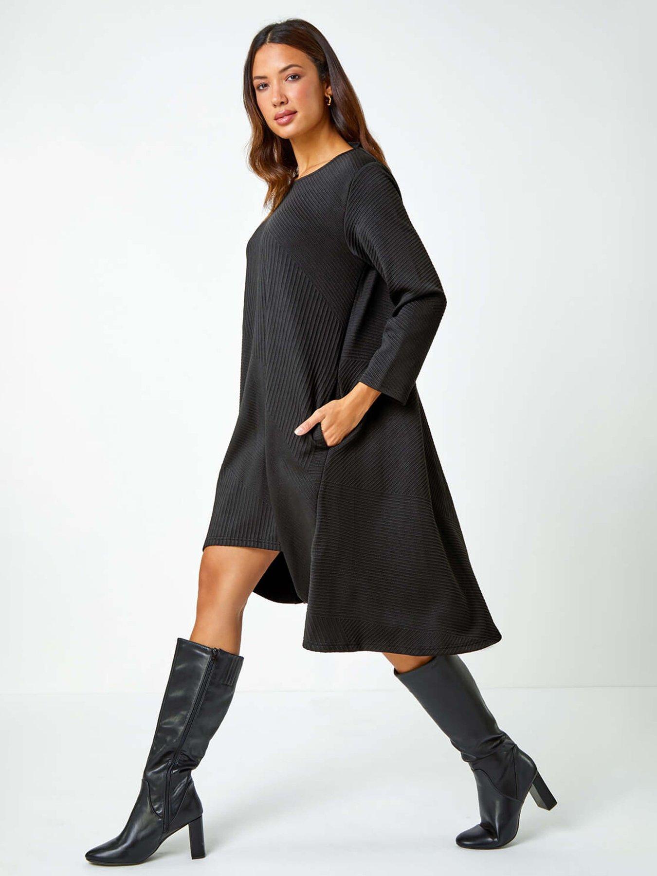 Roman Ribbed Asymmetric Stretch Dress - Black | Very