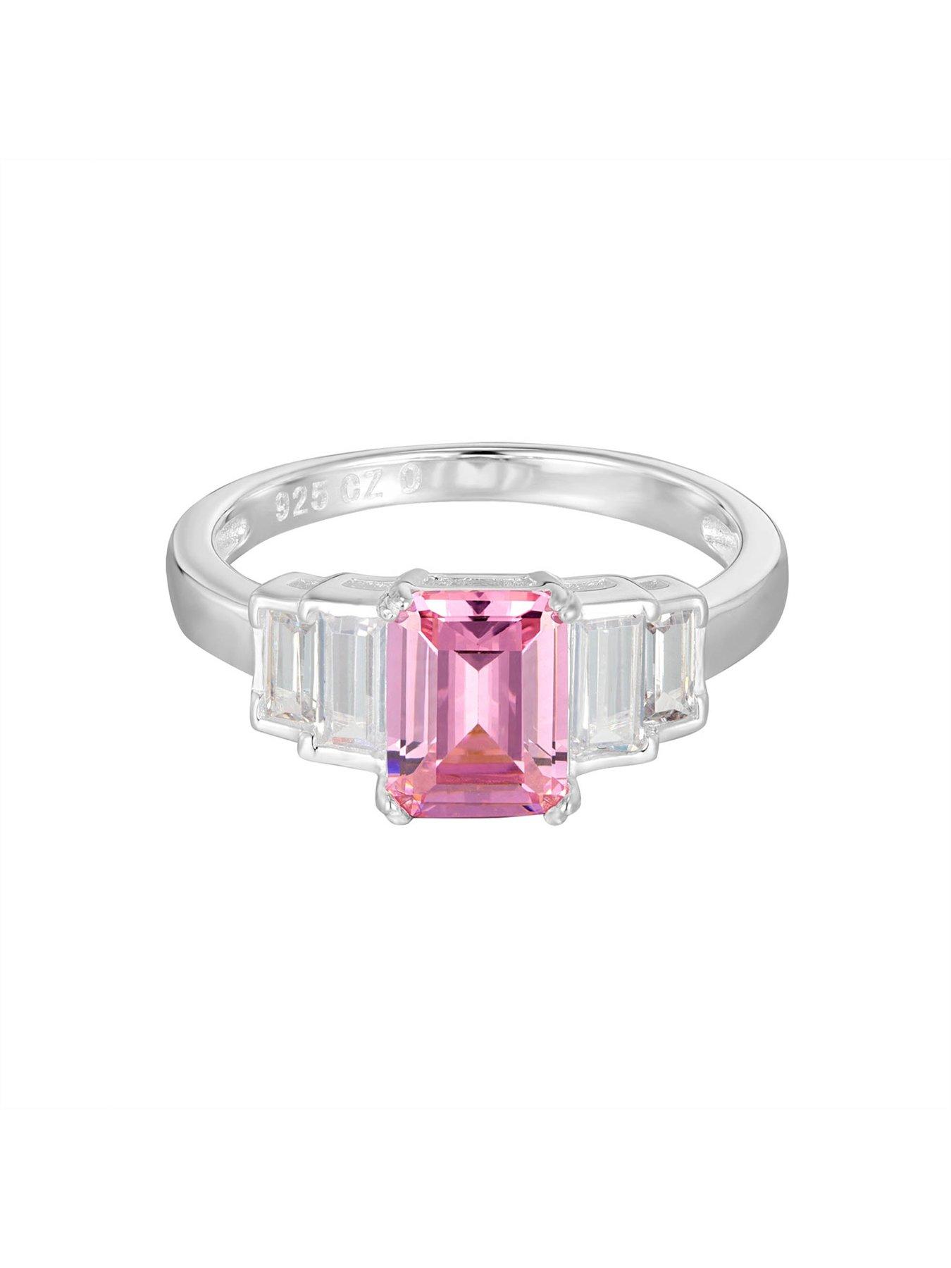 The Love Collection Sterling Silver Pink Emerald Cut CZ Engagement Ring ...