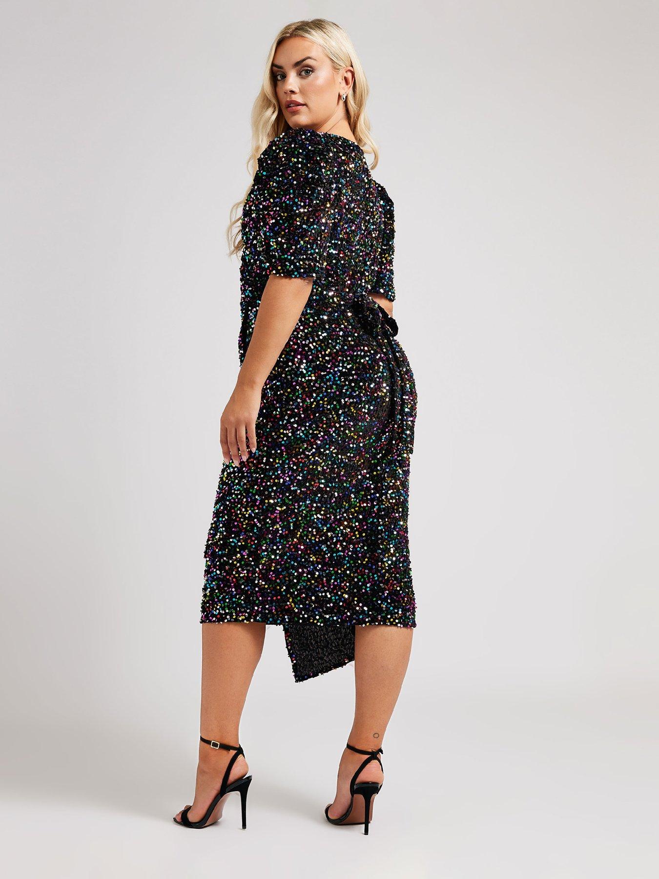 Yours Curve Sequin Velvet Puff Sleeve Wrap Dress - Black | Very