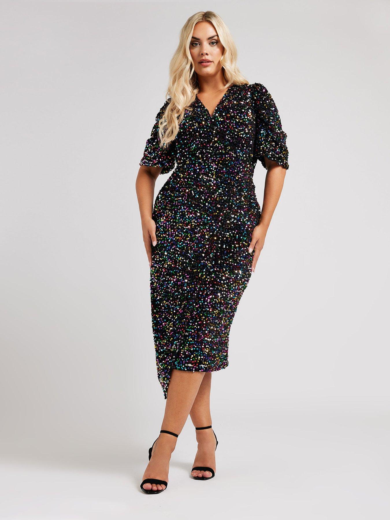 Yours Curve Sequin Velvet Puff Sleeve Wrap Dress - Black | Very