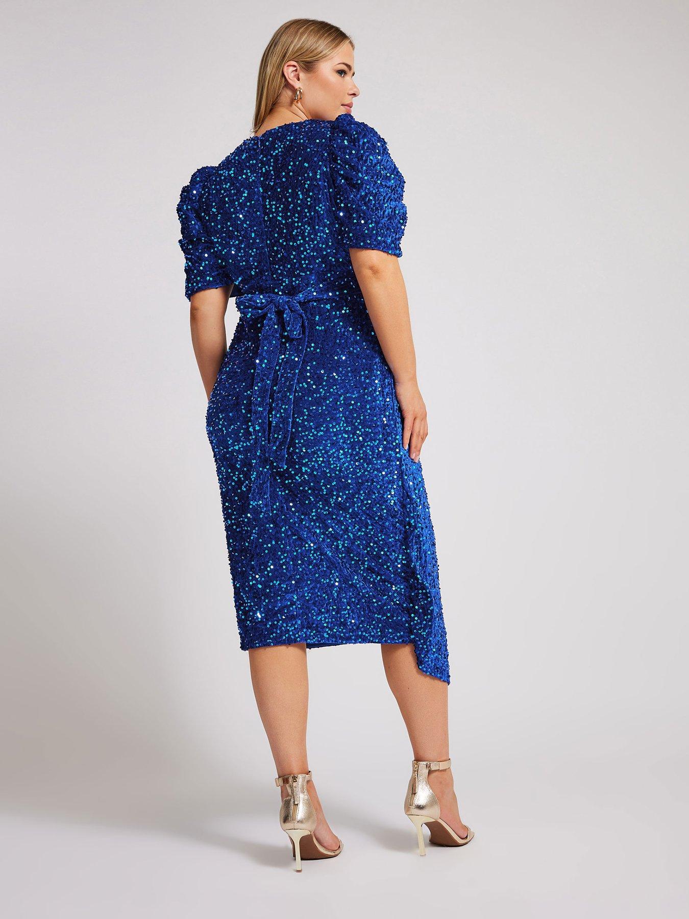 Yours Curve Sequin Velvet Puff Sleeve Wrap Dress - Blue | Very