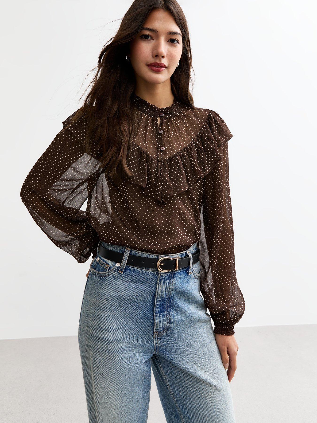 New Look Polka Dot Frilly Trim Chiffon Blouse - Brown/Print | Very