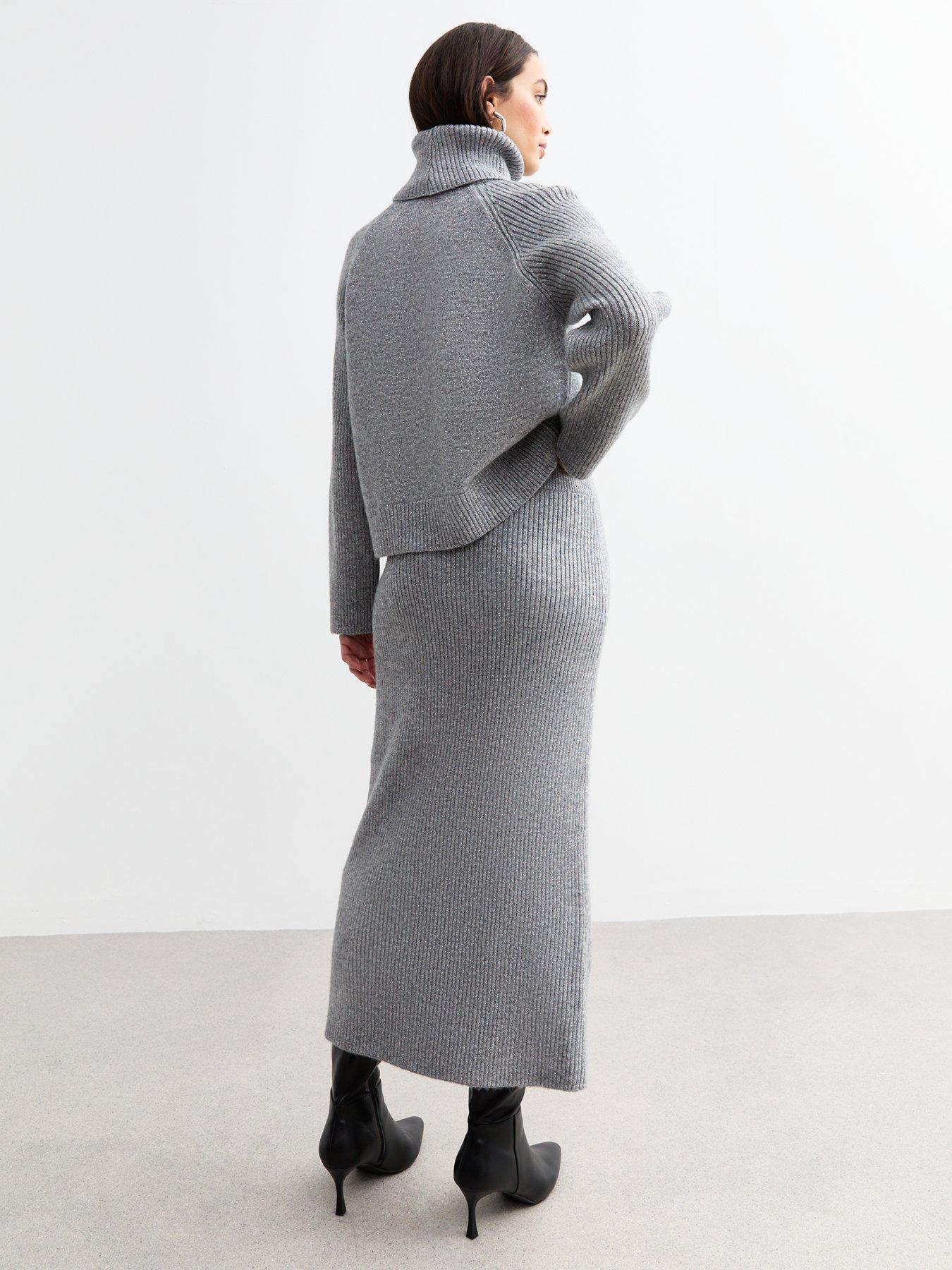 New Look Rib Knitted Sparkly Midi Skirt - Grey | Very