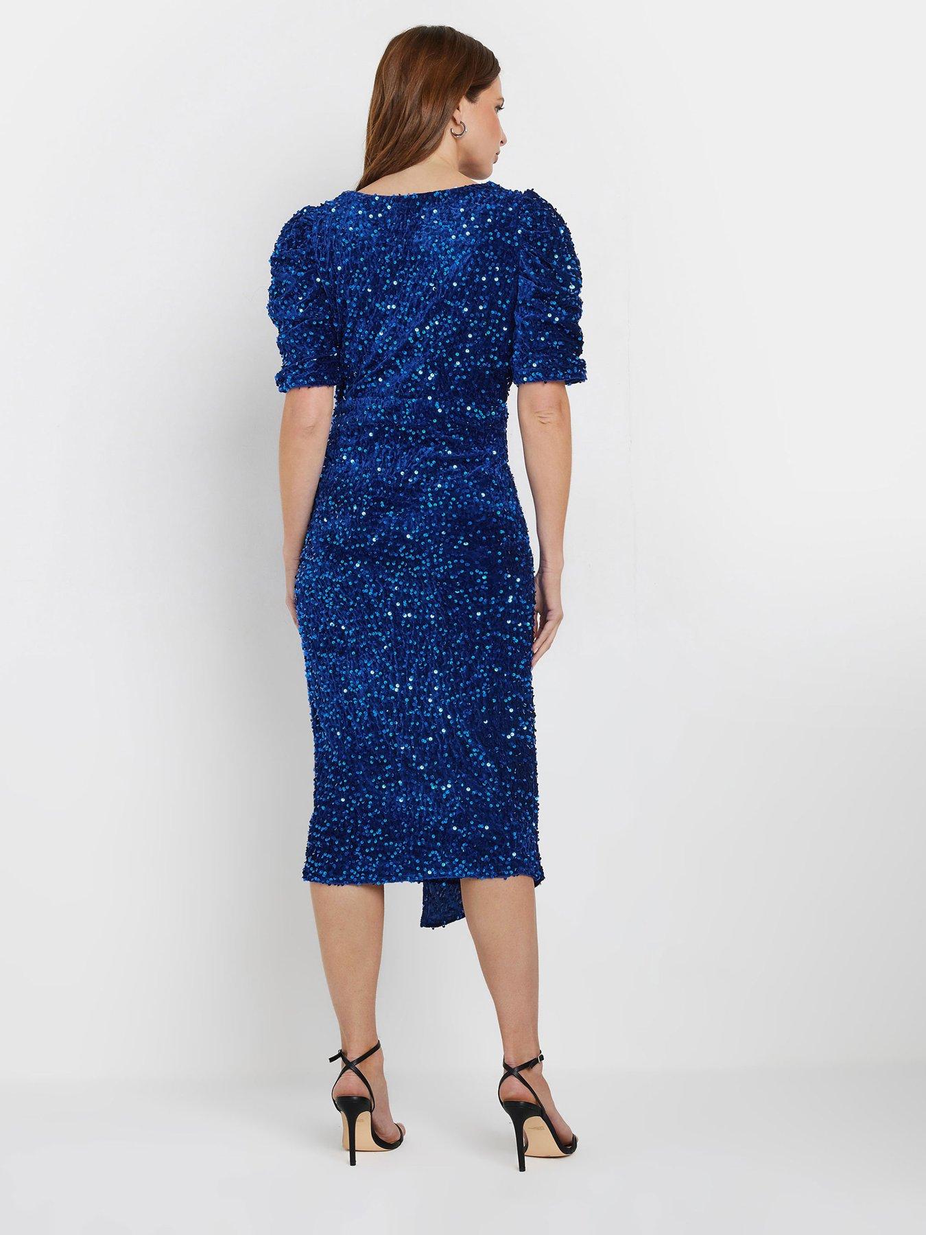 M&Co Velvet Puff Sleeve Wrap Dress - Blue | Very