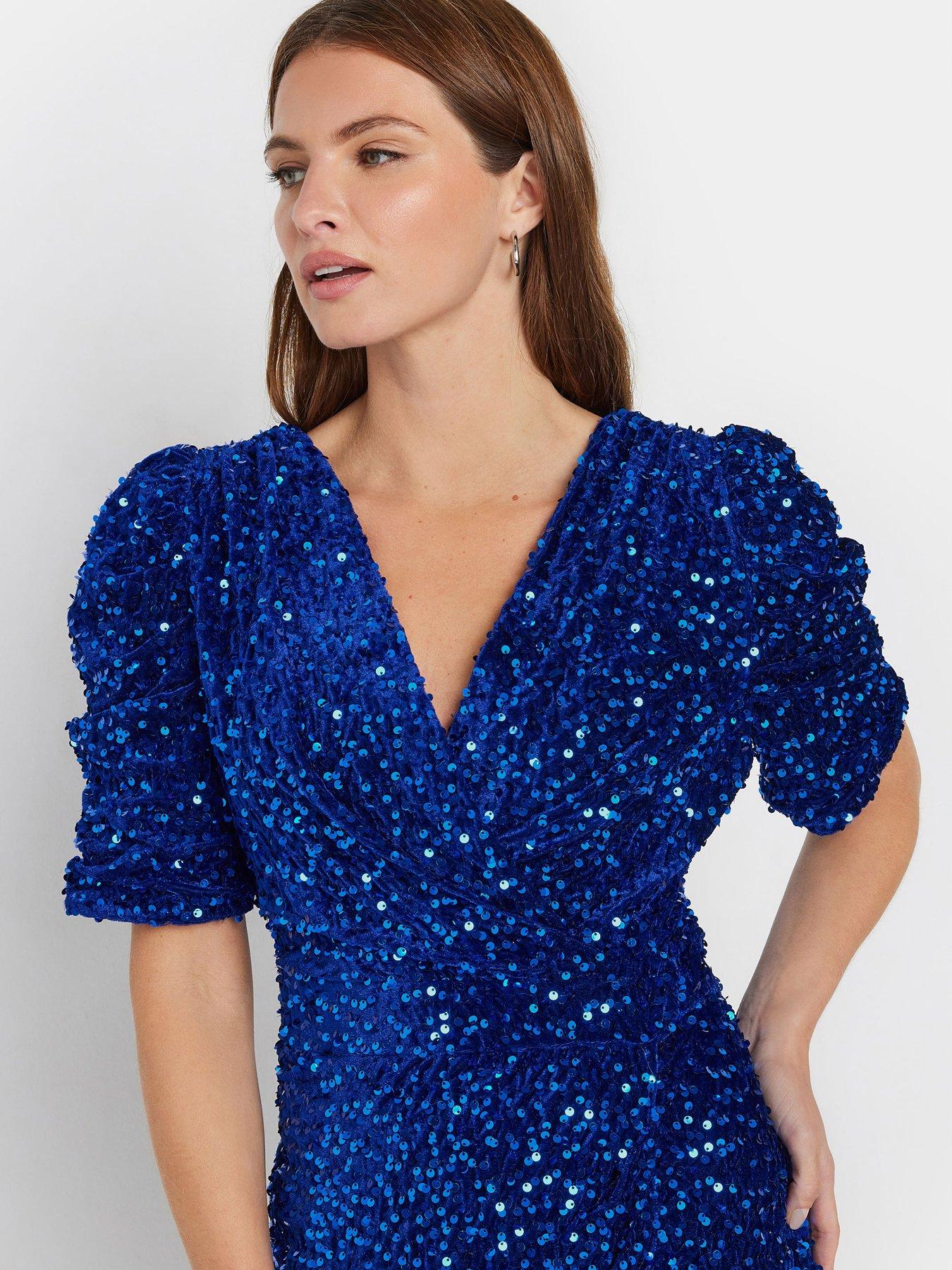 M&Co Velvet Puff Sleeve Wrap Dress - Blue | Very