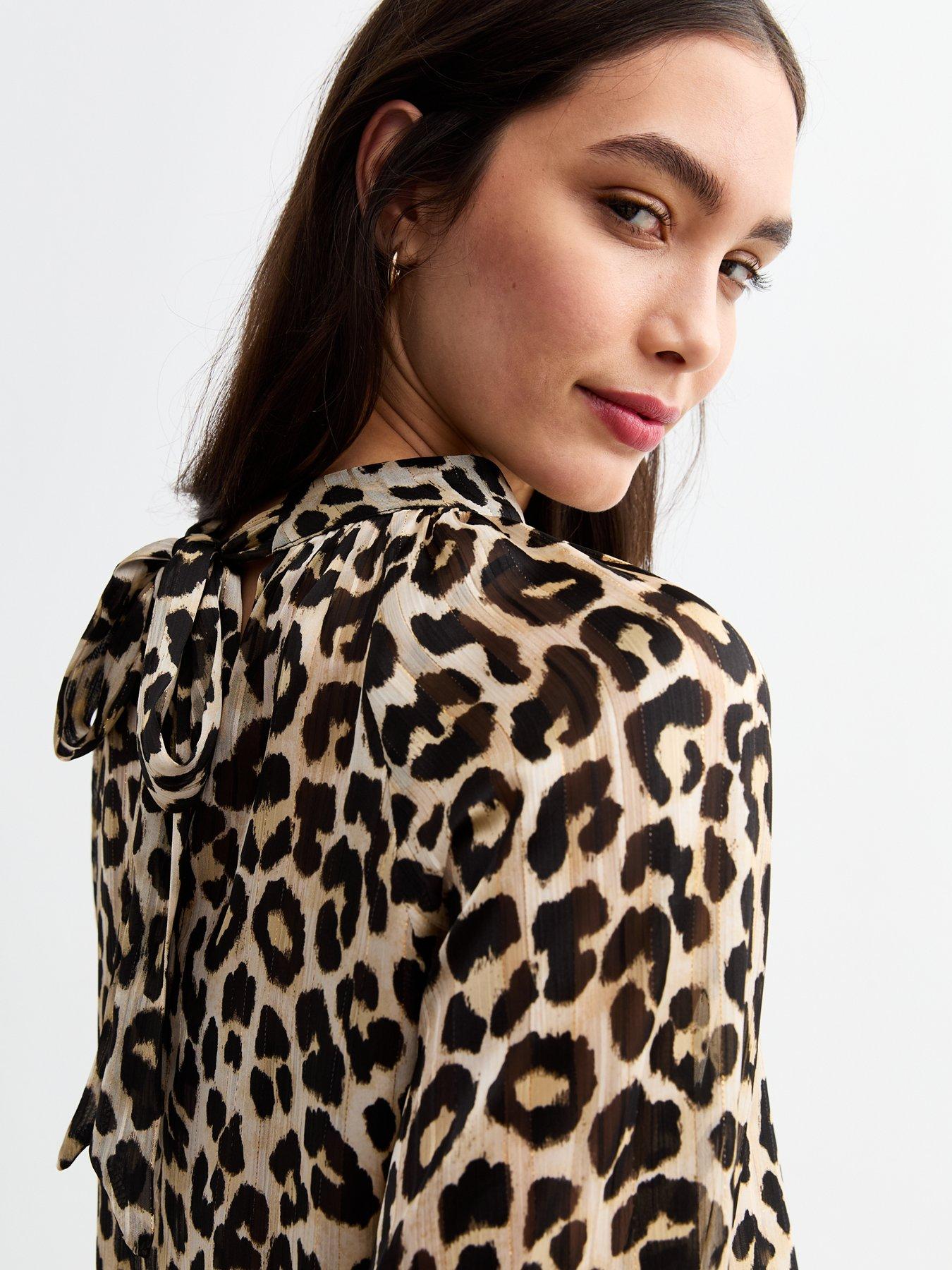New Look Brown Leopard Print High Neck Chiffon Top | Very