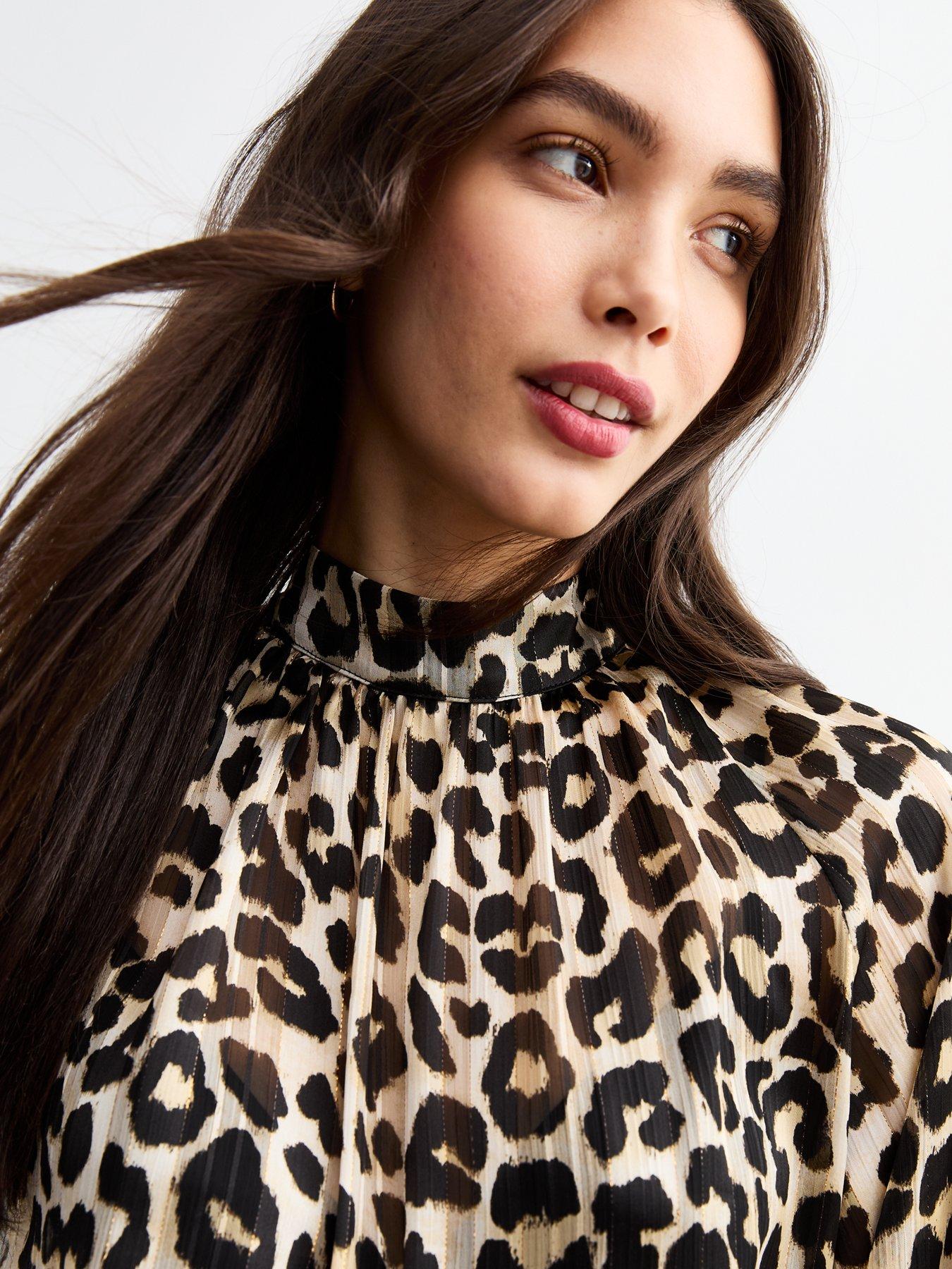 New Look Brown Leopard Print High Neck Chiffon Top | Very