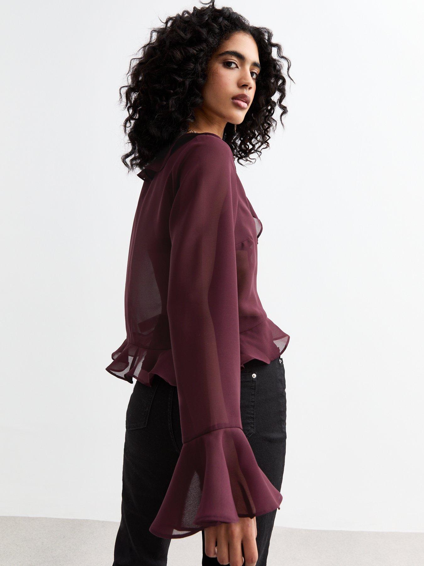 New Look Ruffle Trim Tie Up Sheer Chiffon Blouse - Burgundy | Very