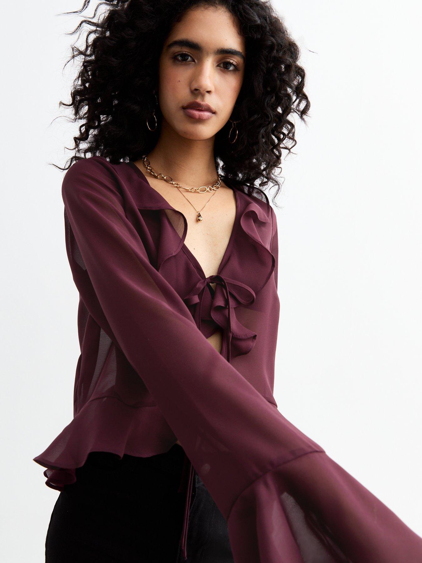 New Look Ruffle Trim Tie Up Sheer Chiffon Blouse - Burgundy | Very