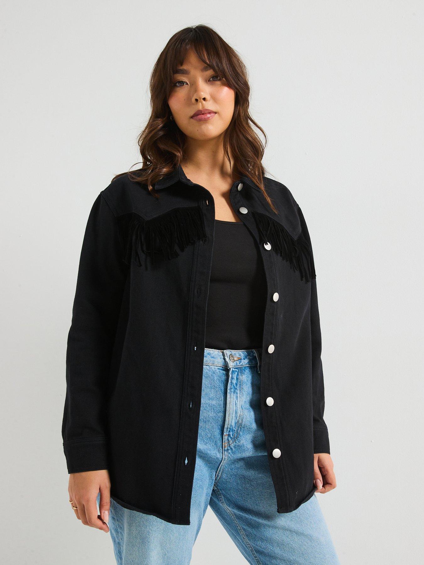 V by Very Curve Fringe Longline Denim Jacket - Black Wash | Very
