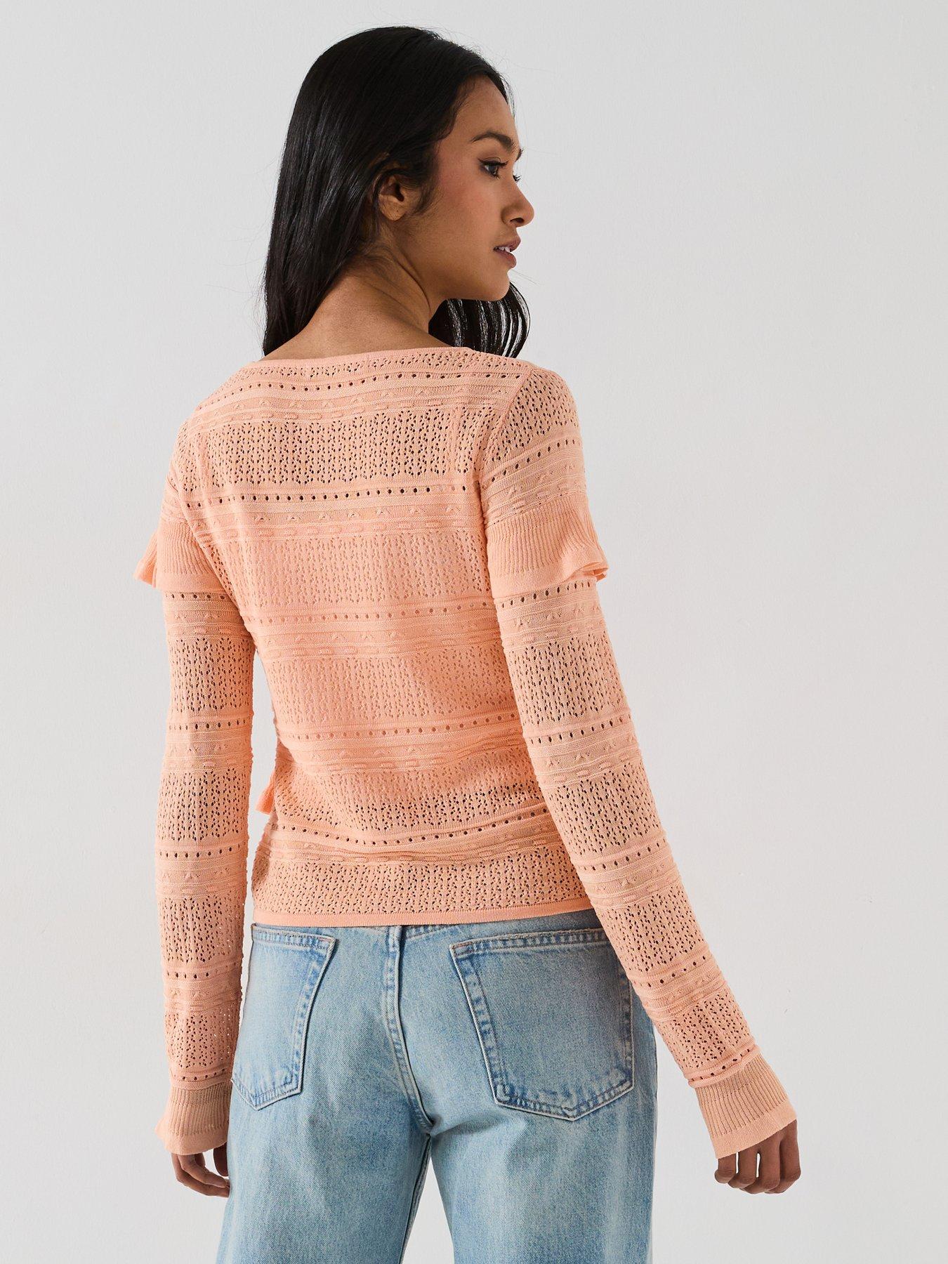 V by Very Wide Neck Frill Detail Short Knitted Top - Peach | Very