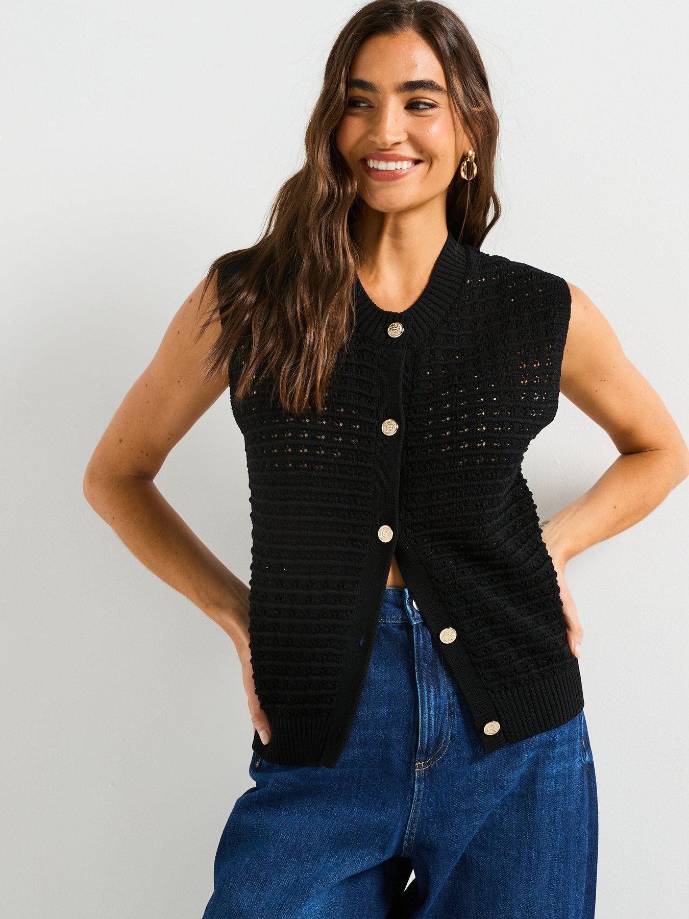 V by Very Crew Neck Textured Knitted Tank - Black | Very
