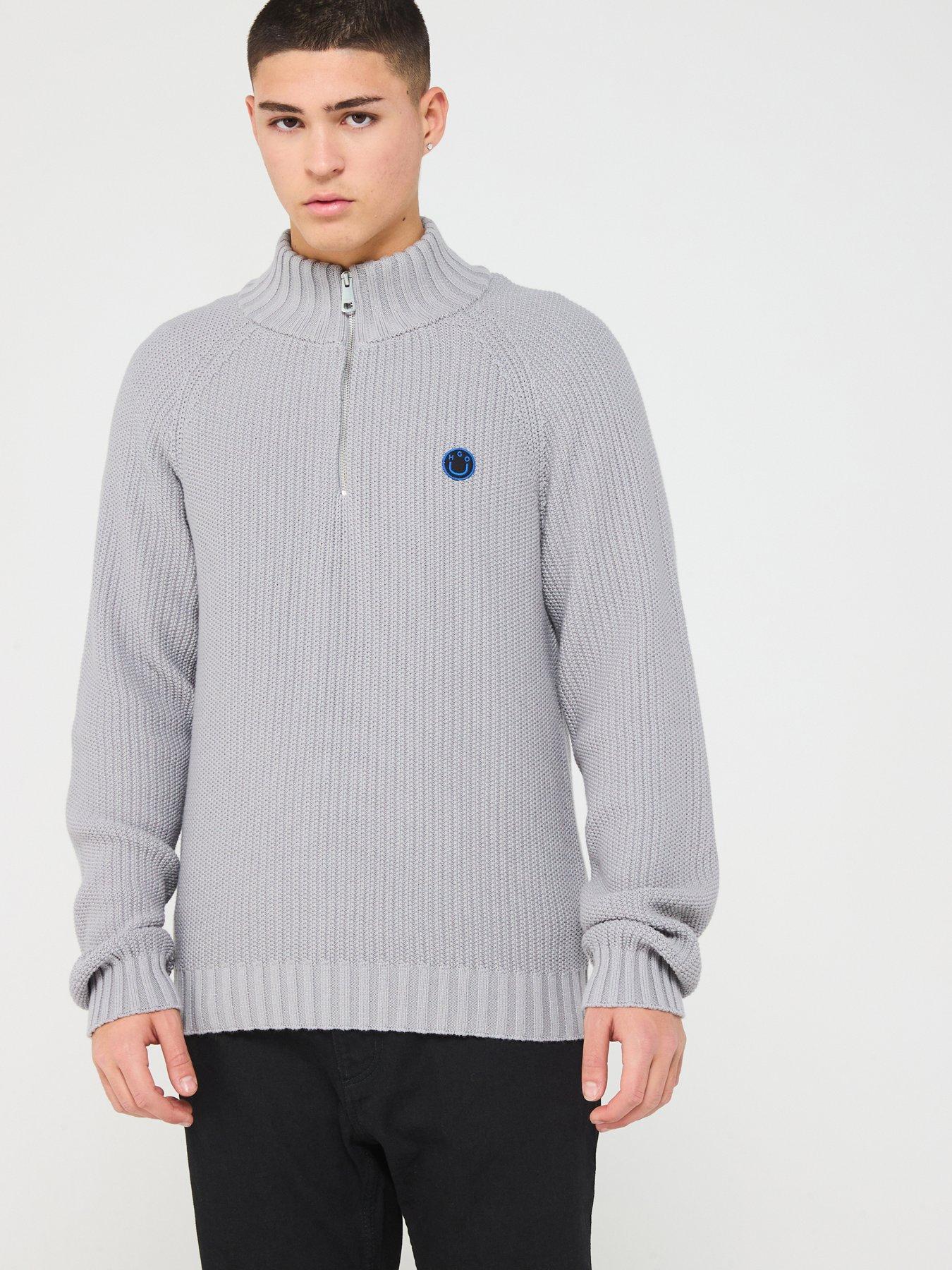 HUGO Selioh Relaxed Fit Smiley 1/4 Knitted Jumper - Grey | Very