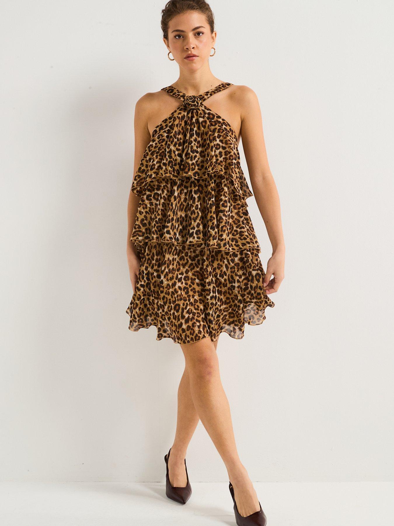 Vero Moda Leopard Print Ruffle Halter Neck Mini Dress -Black - Multi | Very